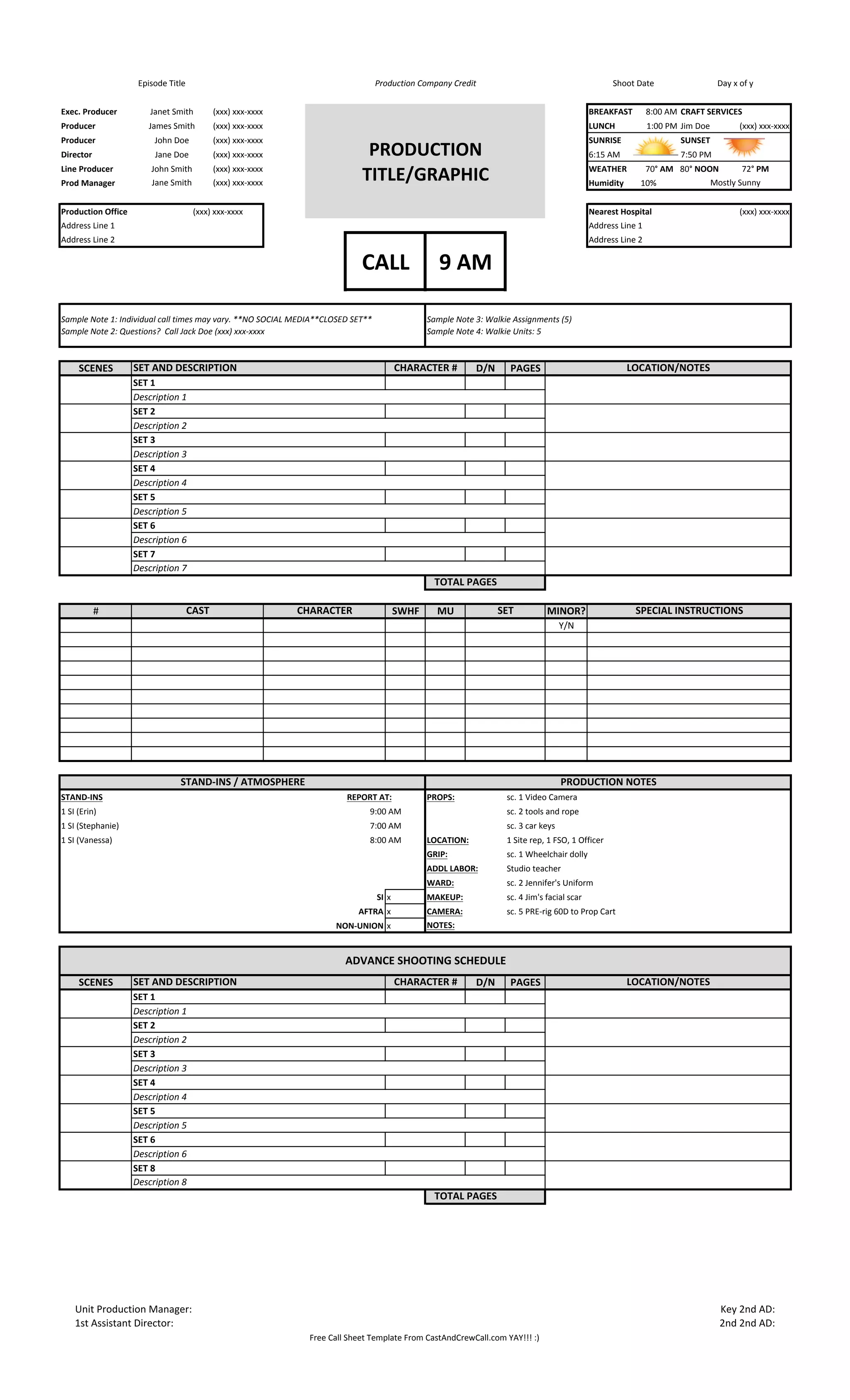 Cast and crew call call sheet template micheal | PDF