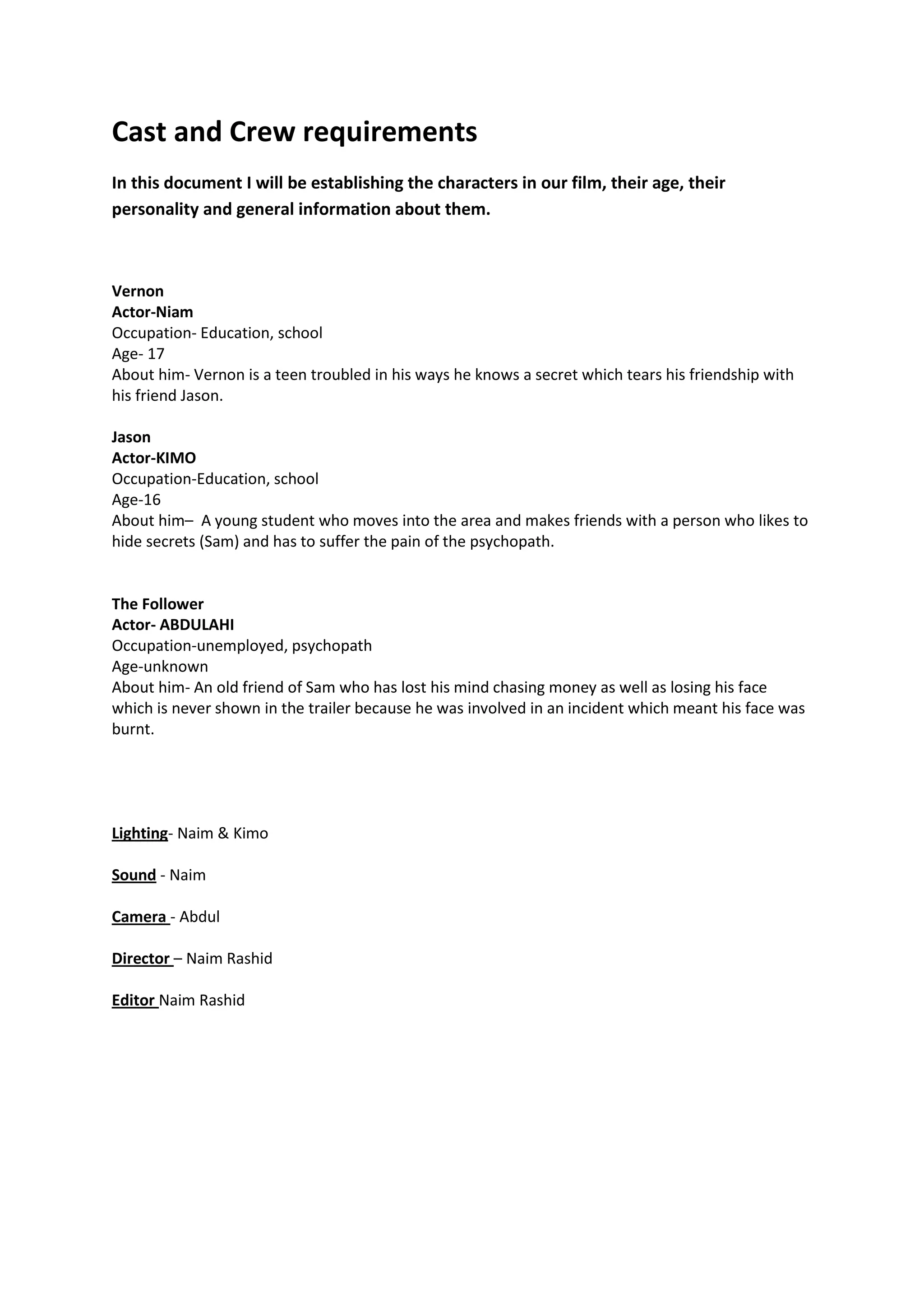 Cast and crew requirements | DOCX | Young Adult | Genres