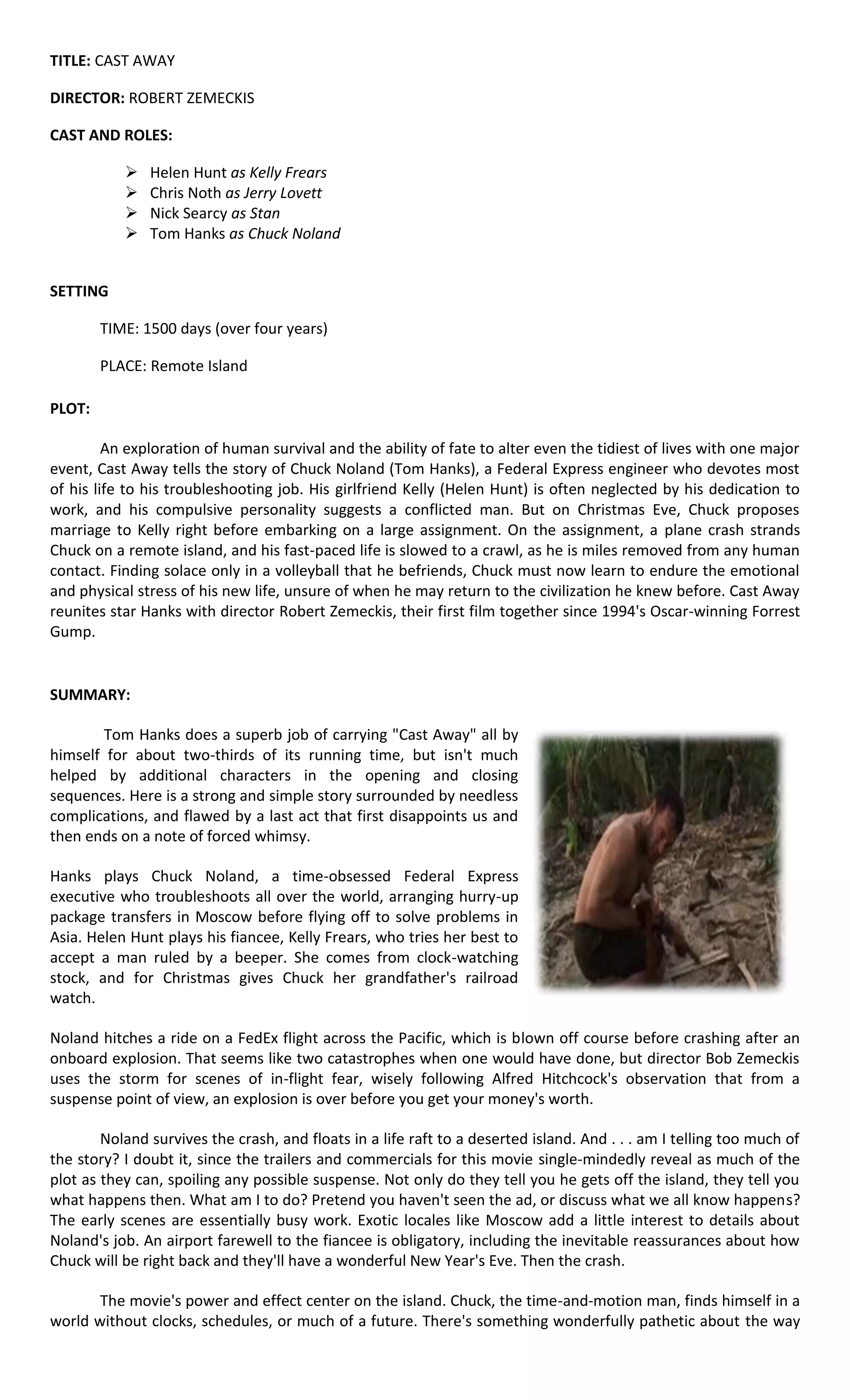 Cast away final movie analysis - School Project | DOCX