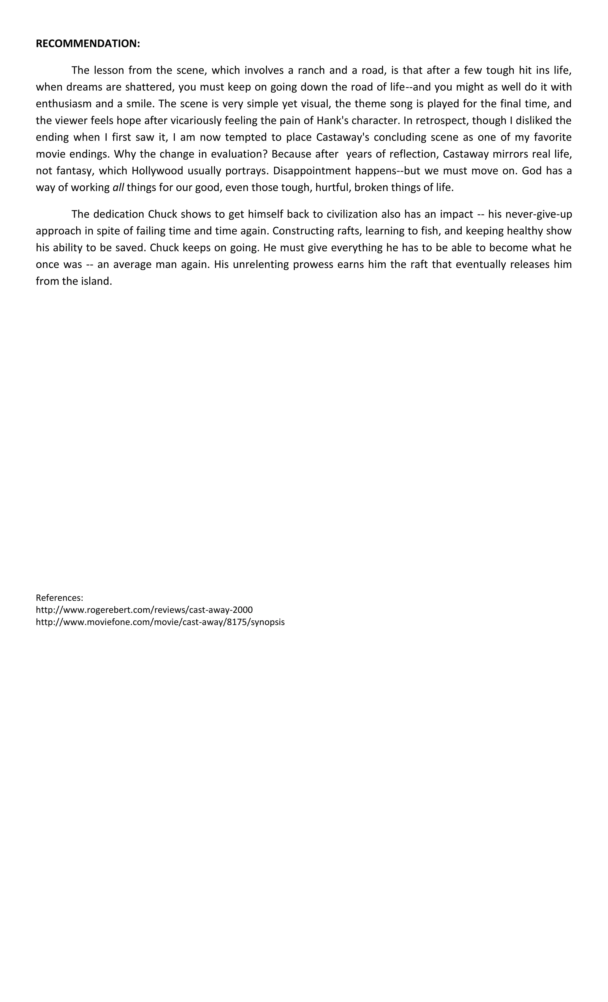 Cast away final movie analysis - School Project | DOCX