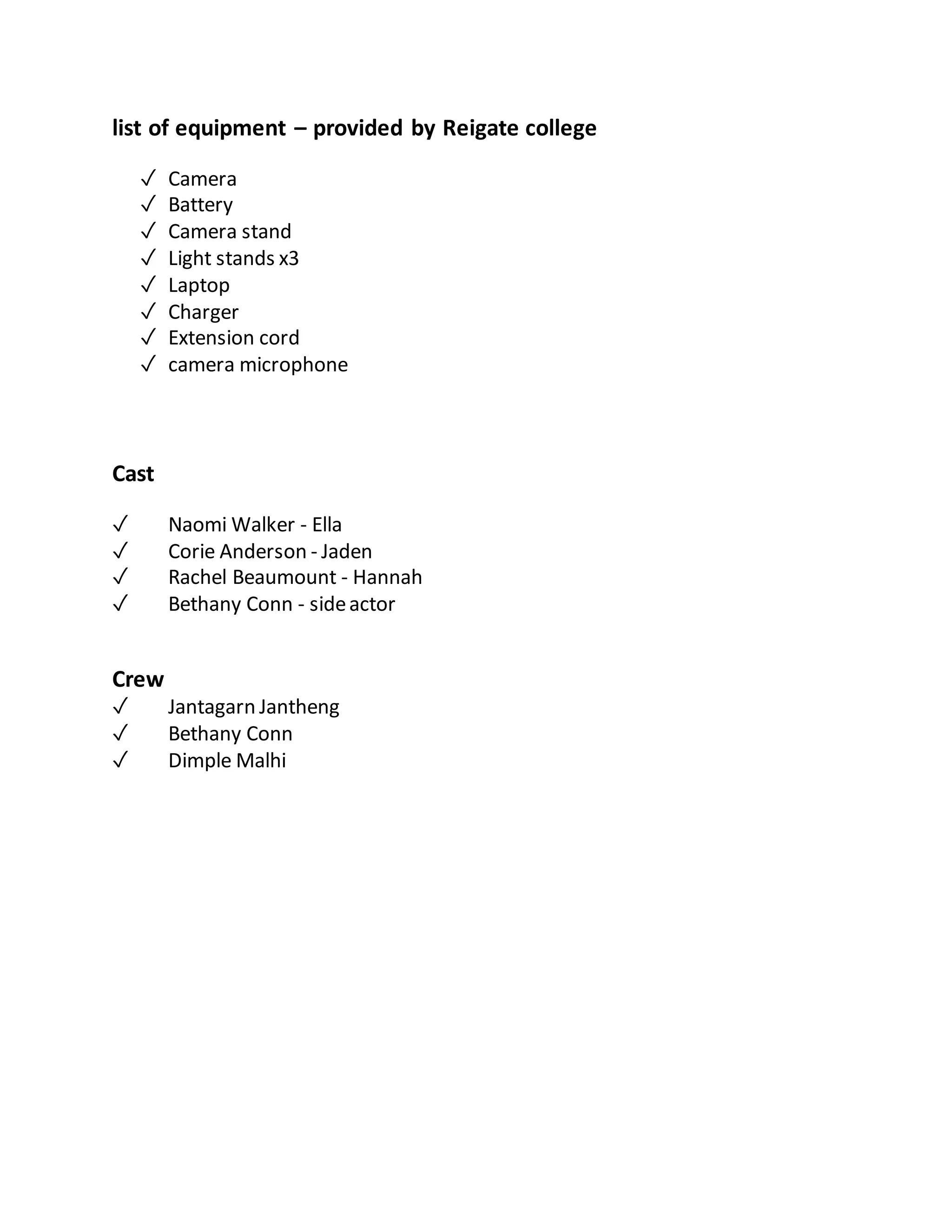 Cast, crew, & equipment | DOCX