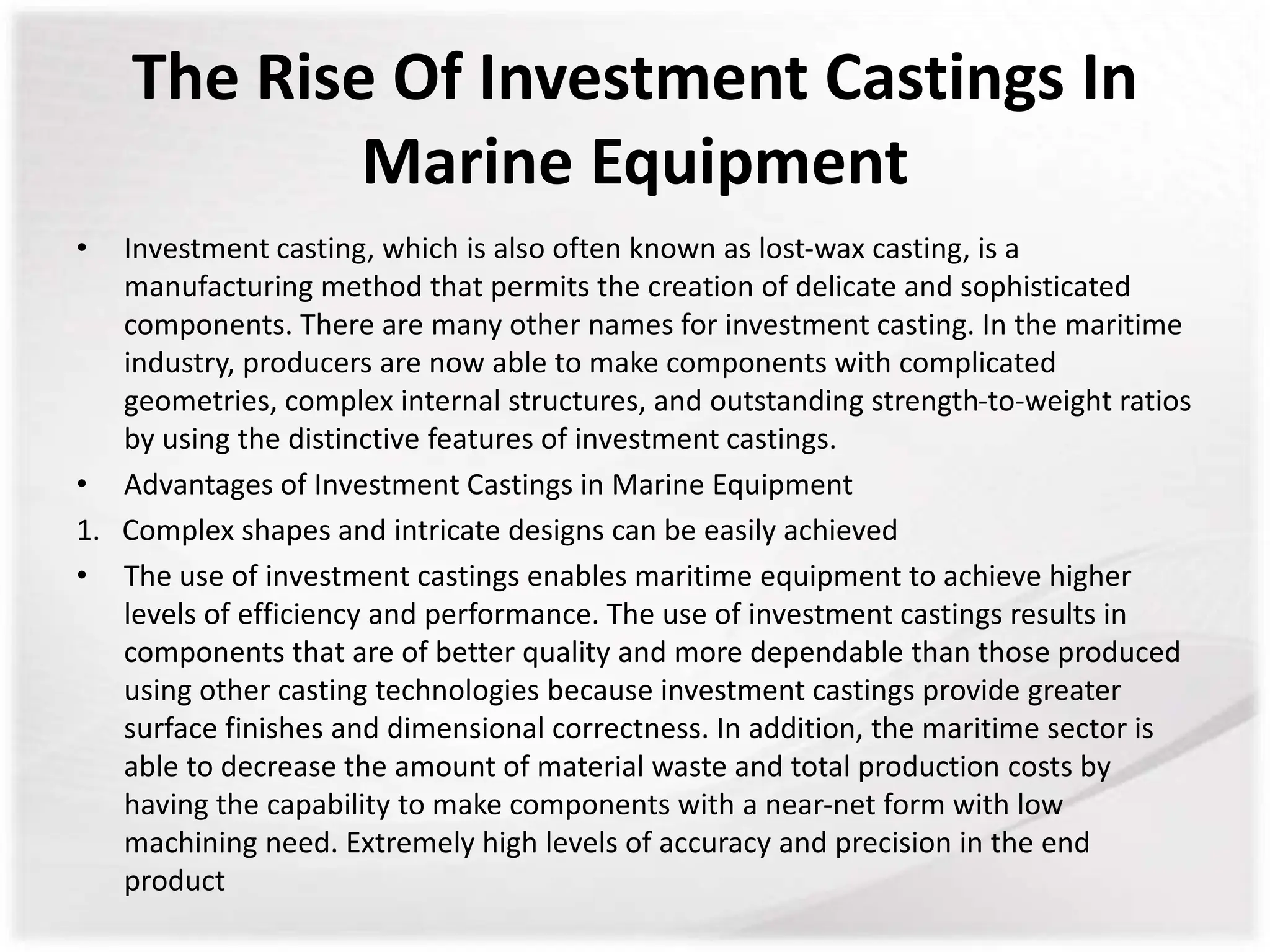 The Rise Of Investment Castings In Marine Equipment | PPTX