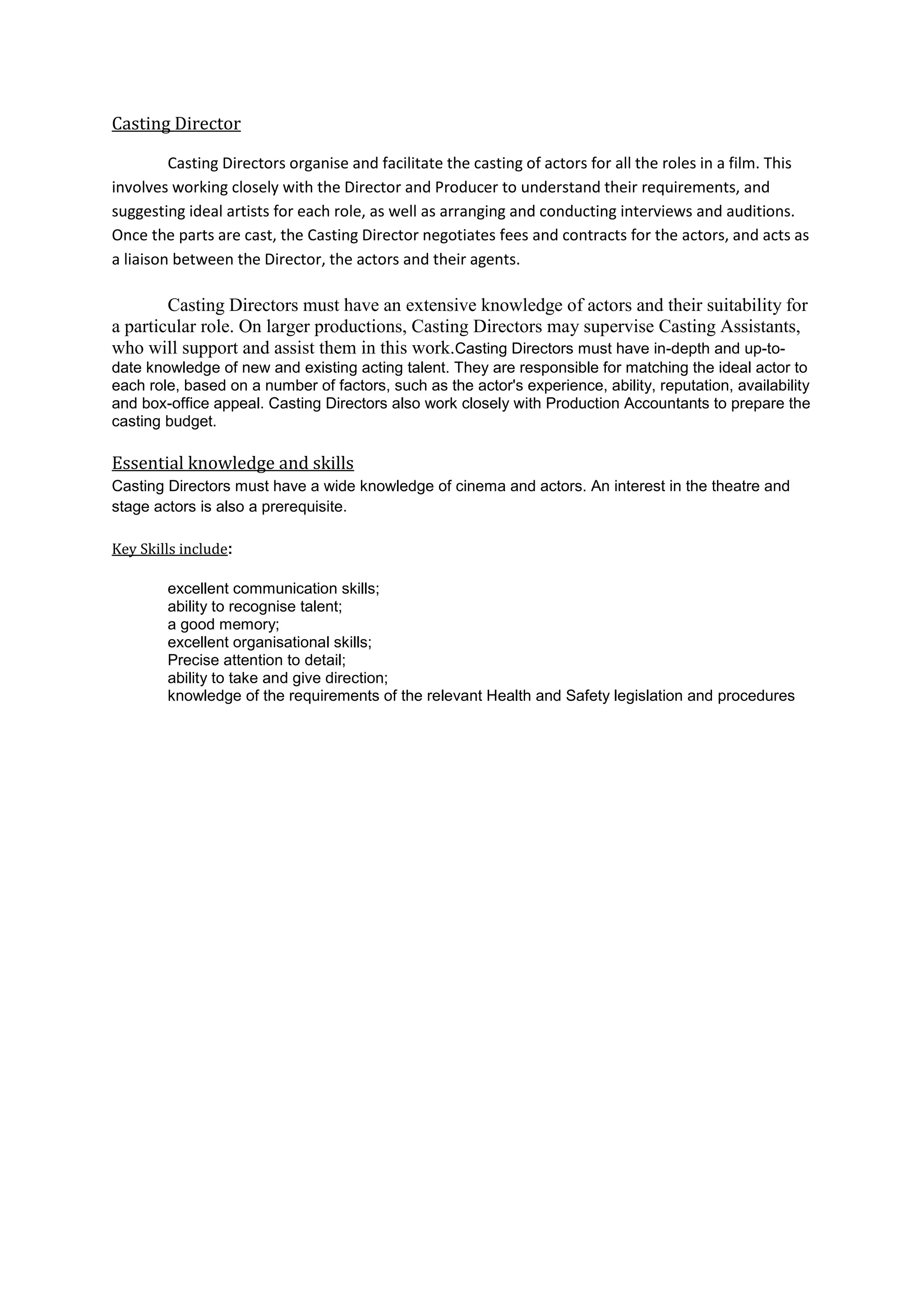 Researching into the role of Casting director | DOCX