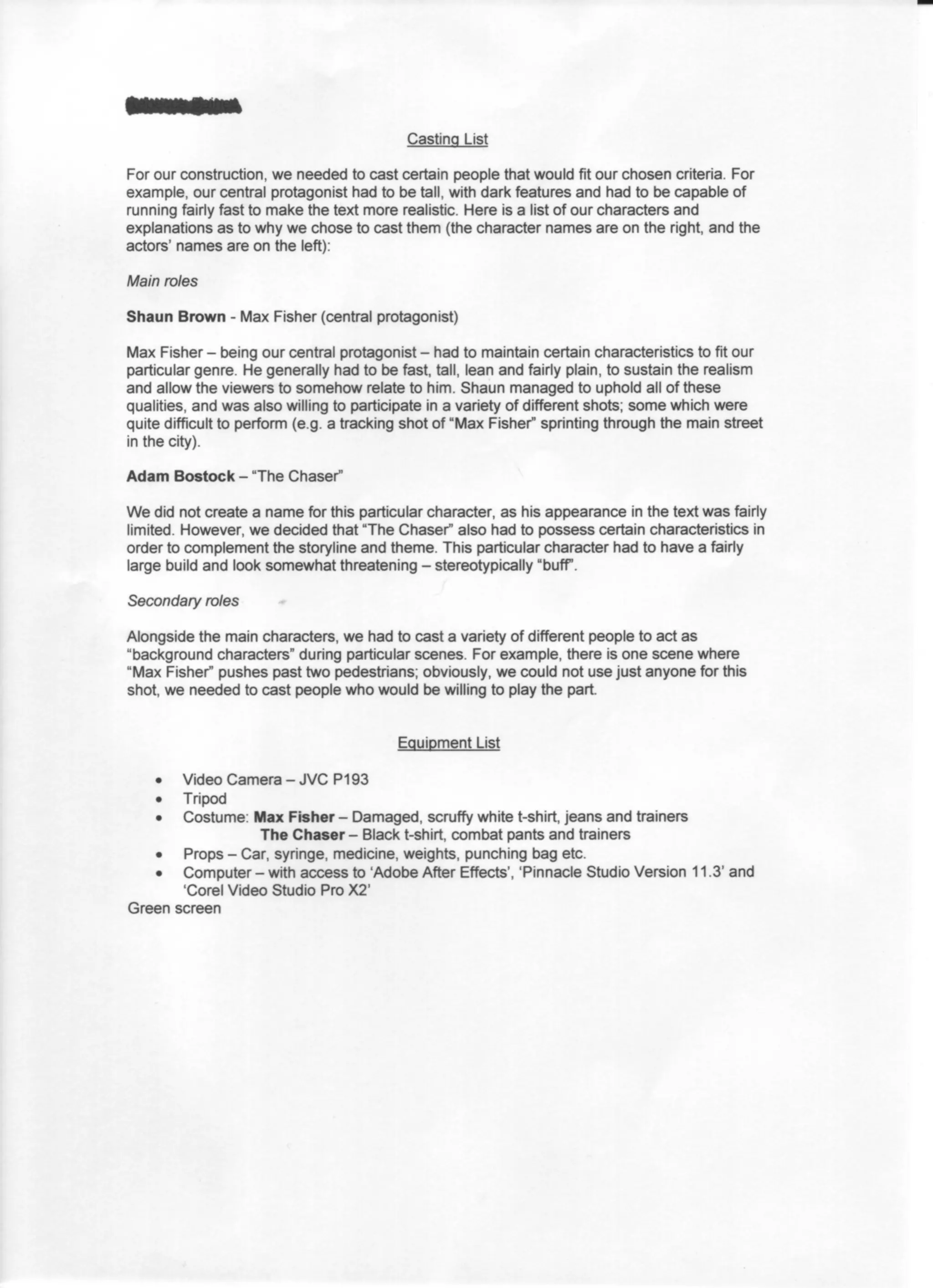 Casting List And Equipment List | PDF