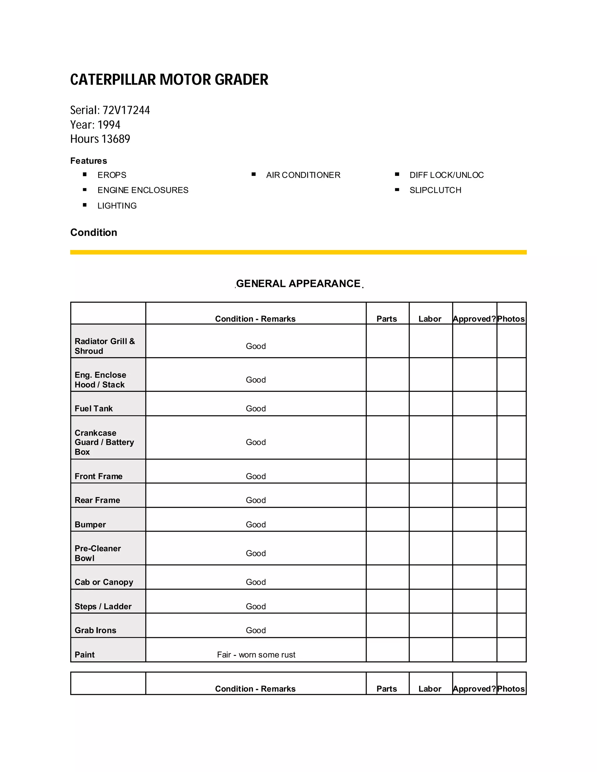 CAT 140G 72V17244 MOTOR GRADER INSPECTION REPORT | PDF