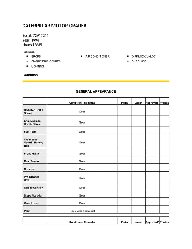 CAT 140G 72V17244 MOTOR GRADER INSPECTION REPORT | PDF