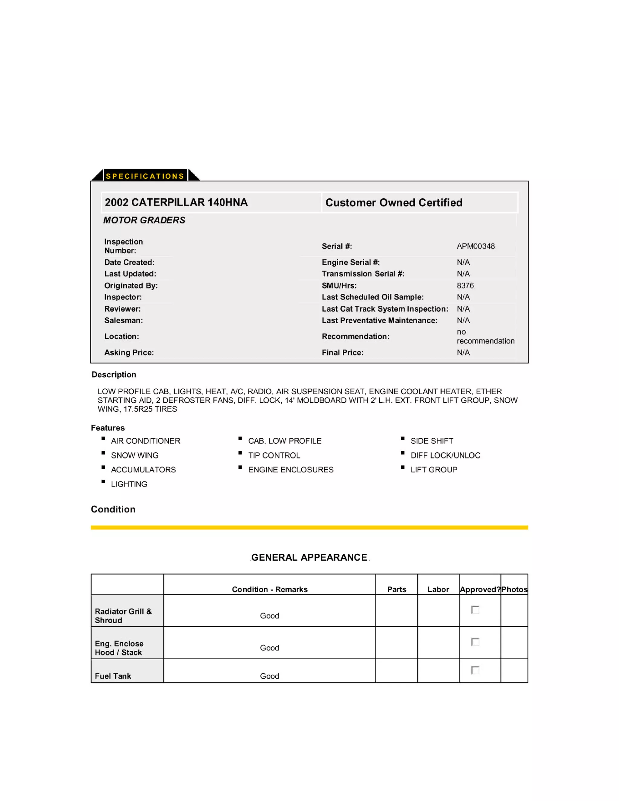 CAT 140H APM00348 MOTOR GRADER INSPECTION REPORT | PDF