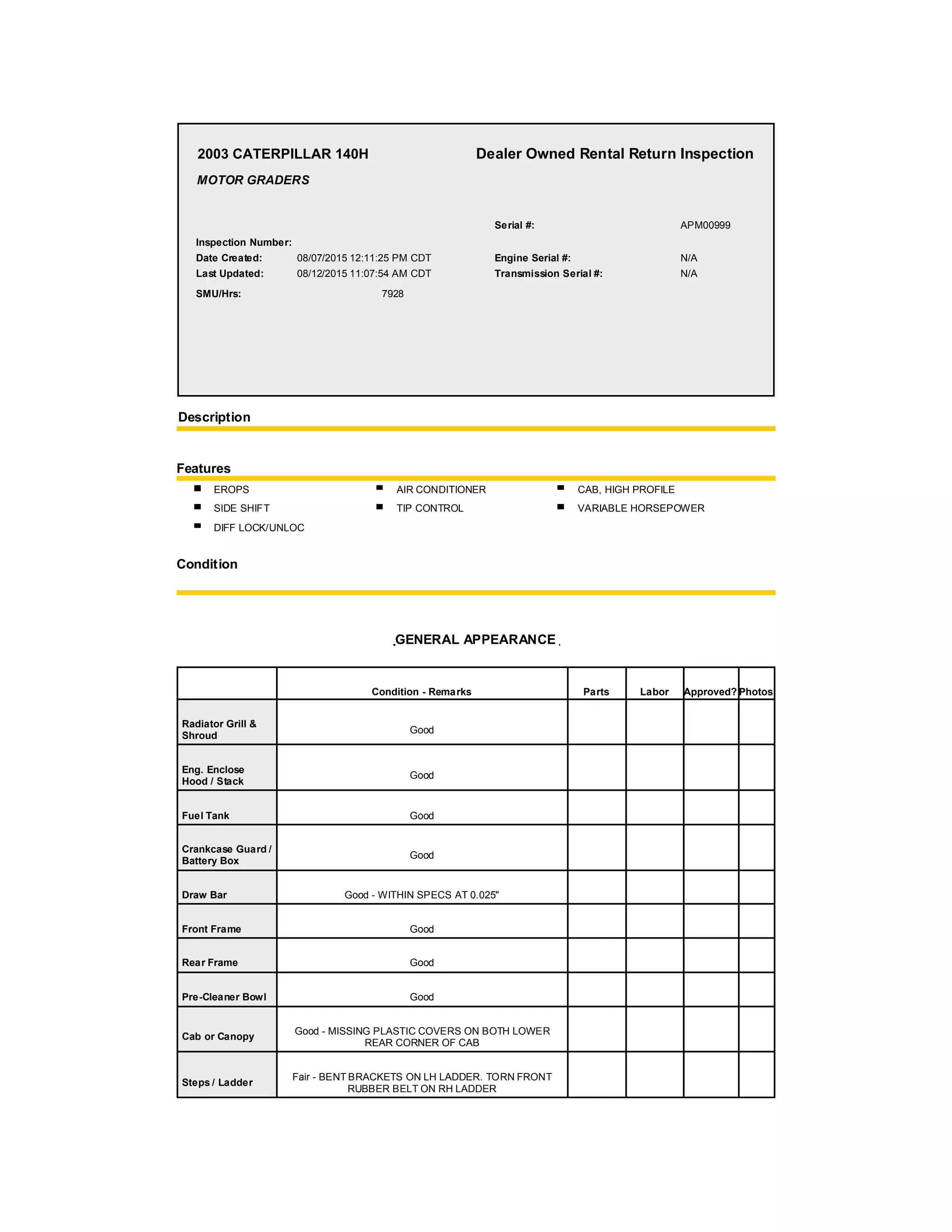 CAT 140H APM00999 MOTOR GRADER INSPECTION REPORT | PDF