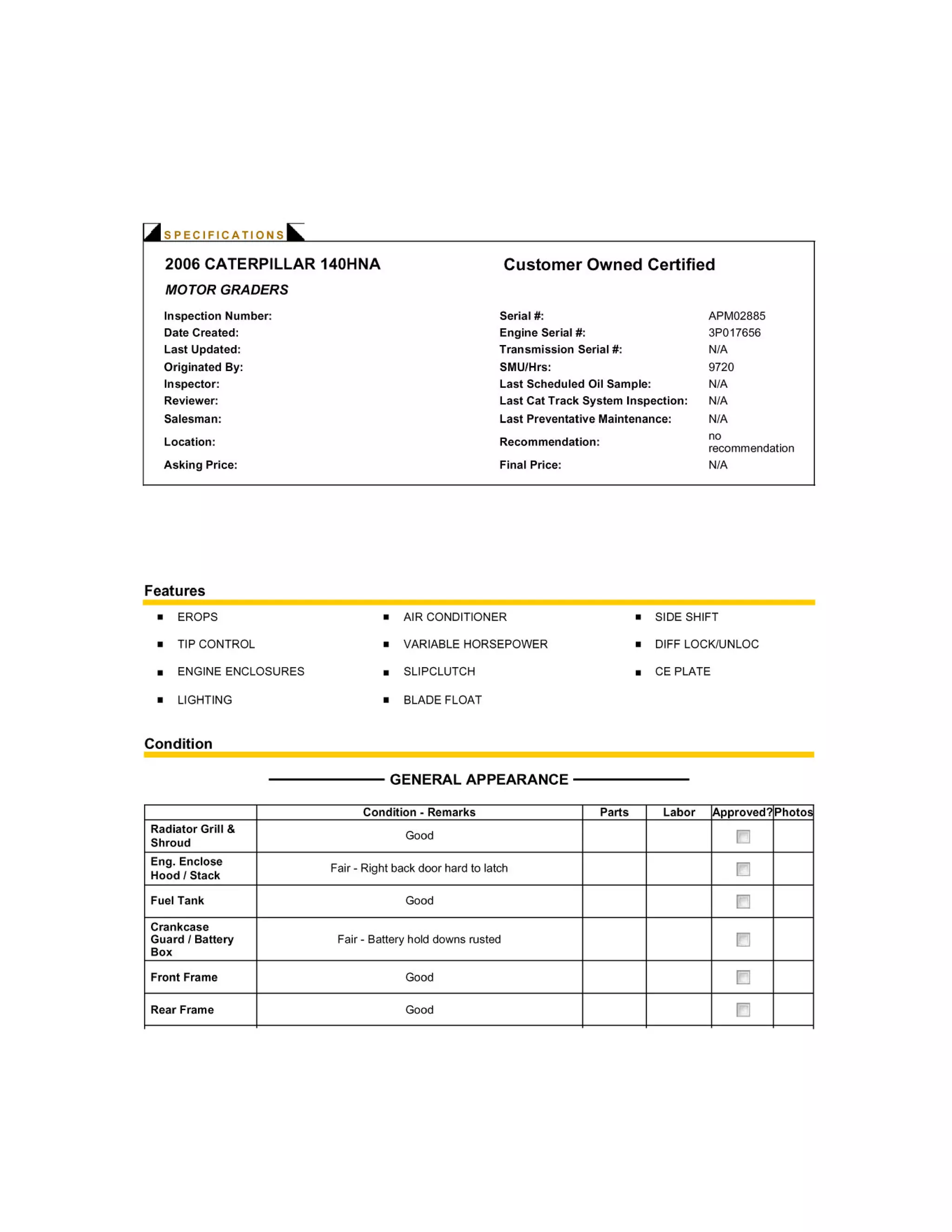 CAT 140H APM02885 MOTOR GRADER INSPECTION | PDF