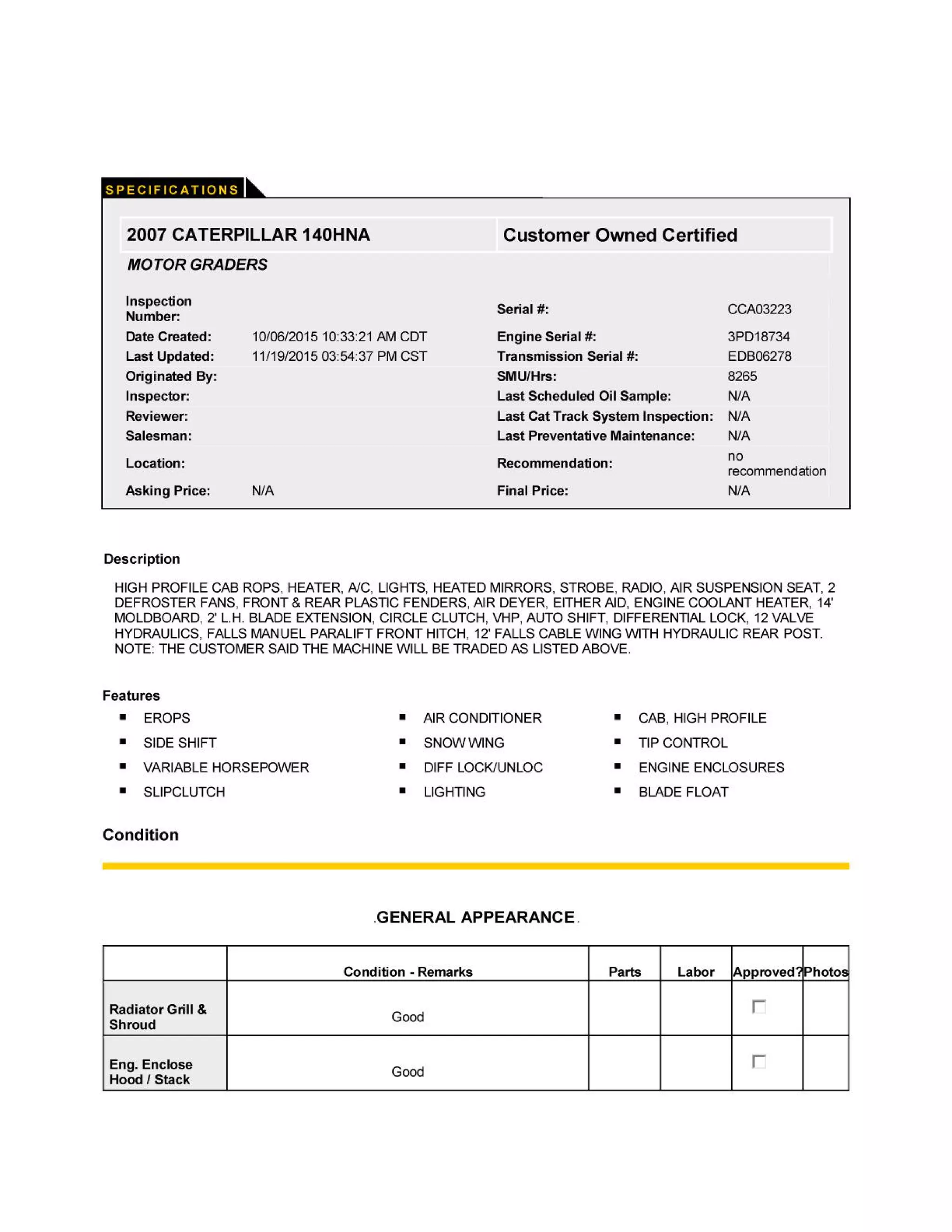 CAT 140HNA CCA03223 MOTOR GRADER INSPECTION REPORT | PDF