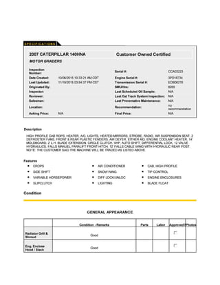 CAT 140HNA CCA03223 MOTOR GRADER INSPECTION REPORT | PDF