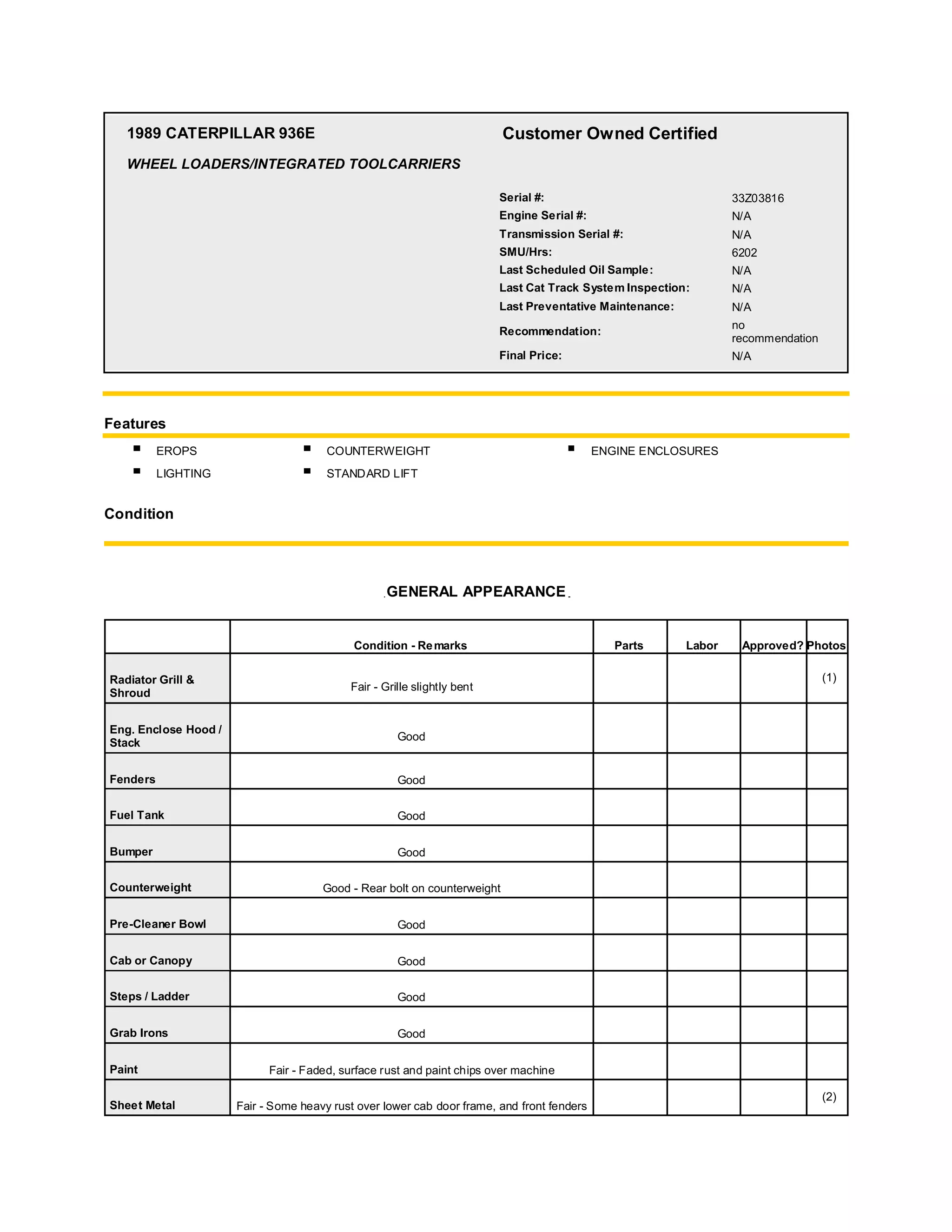 CAT 936E 33Z03816 WHEEL LOADER INSPECTION REPORT | PDF