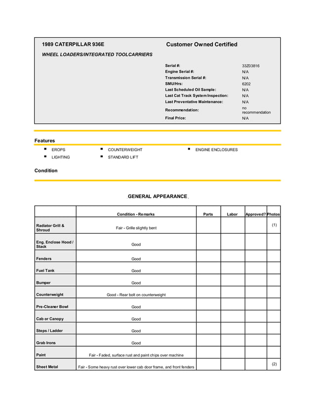 CAT 936E 33Z03816 WHEEL LOADER INSPECTION REPORT | PDF