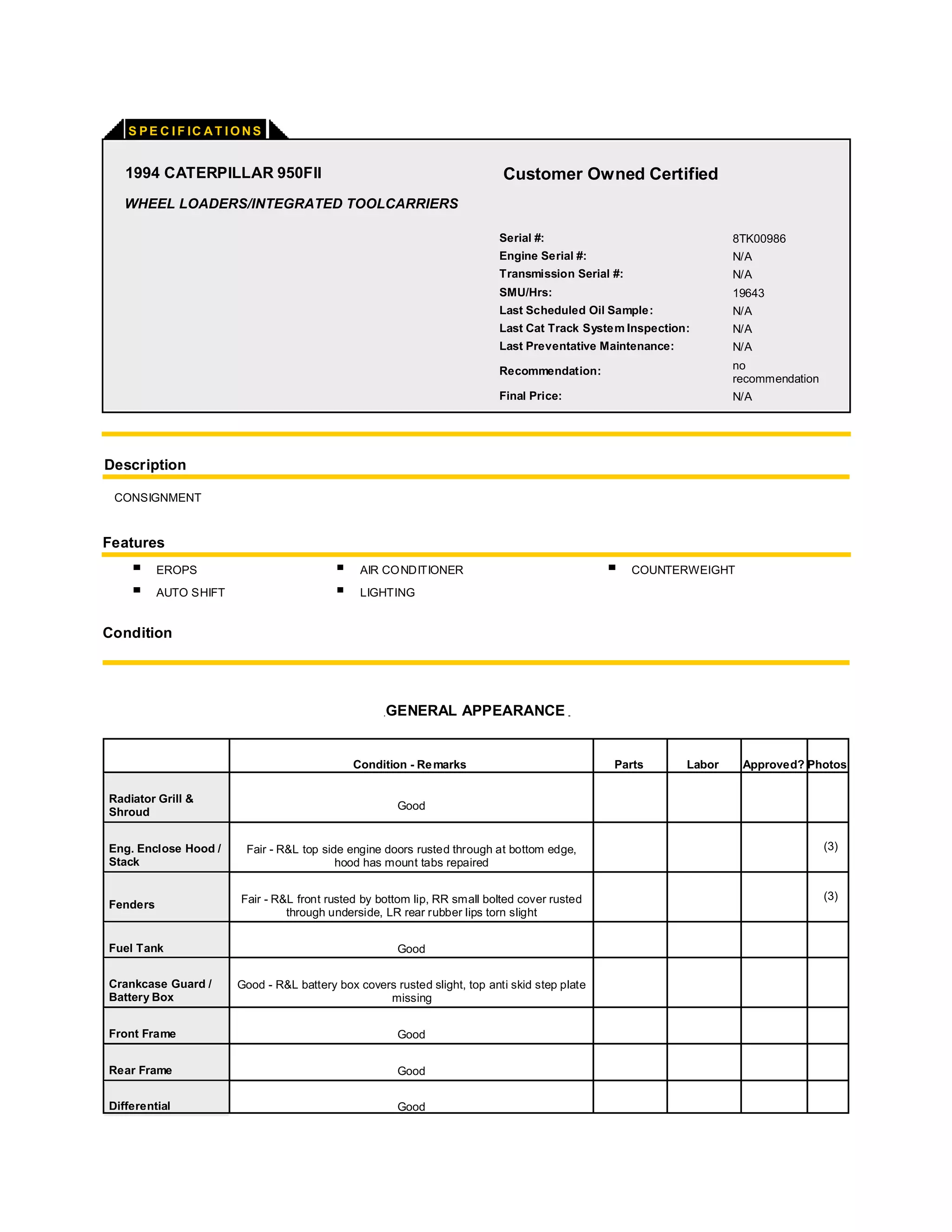 CAT 950FII 8TK00986 WHEEL LOADER INSPECTION REPORT | PDF
