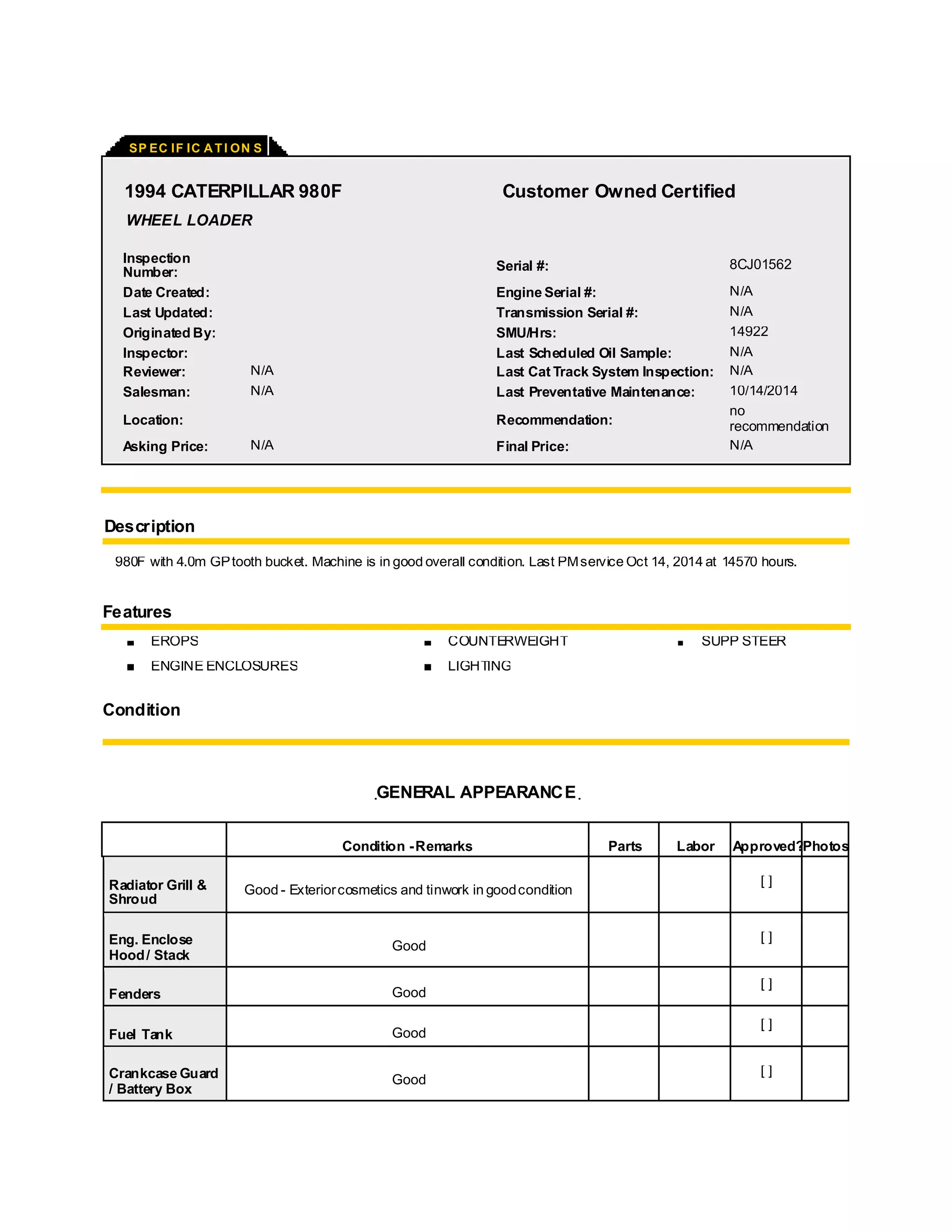 CAT 980F 8CJ01562 WHEEL LOADER INSPECTION REPORT | PDF