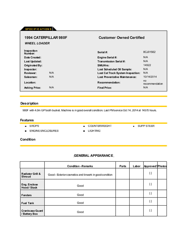 CAT 980F 8CJ01562 WHEEL LOADER INSPECTION REPORT | PDF