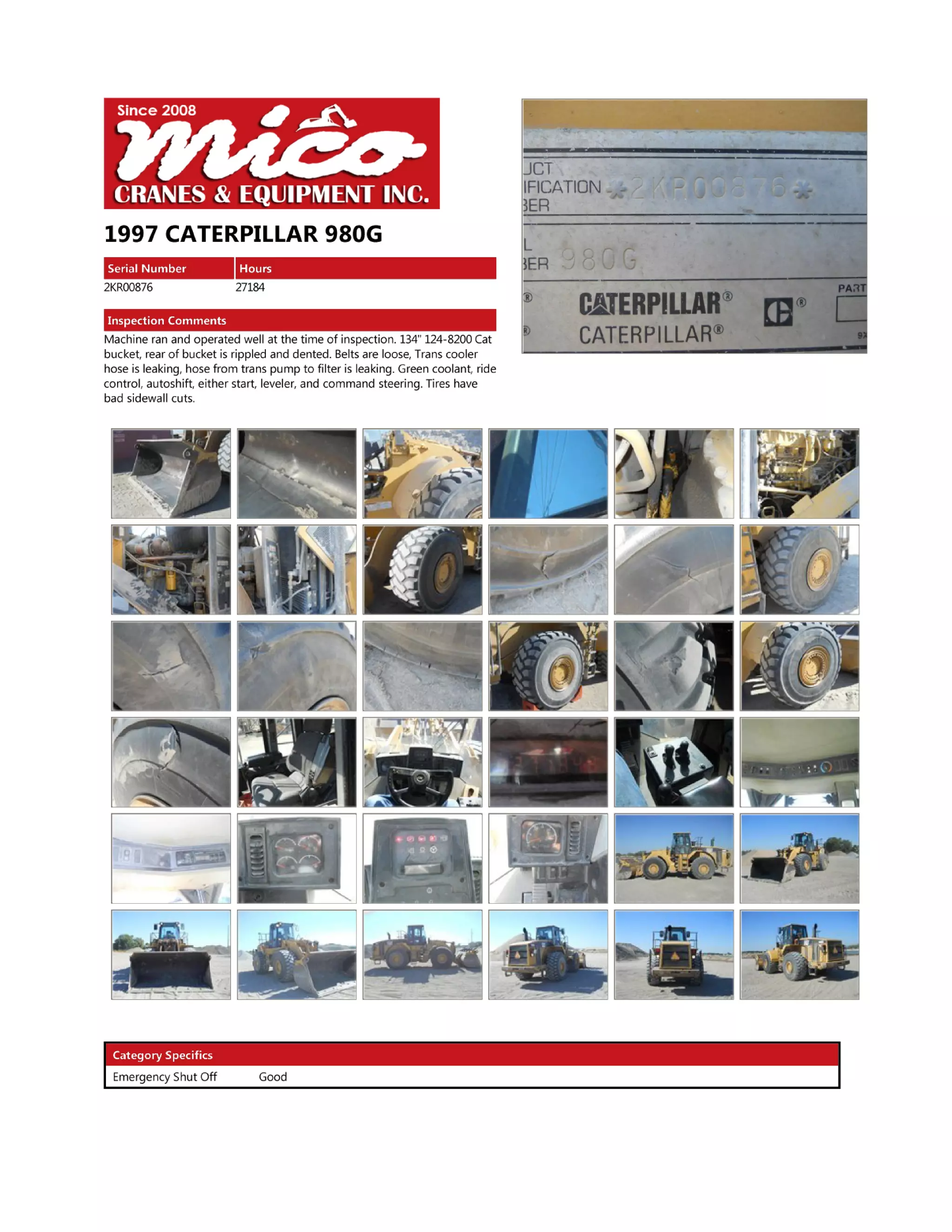 CAT 980G 2KR00876 WHEEL LOADER INSPECTION REPORT | PDF