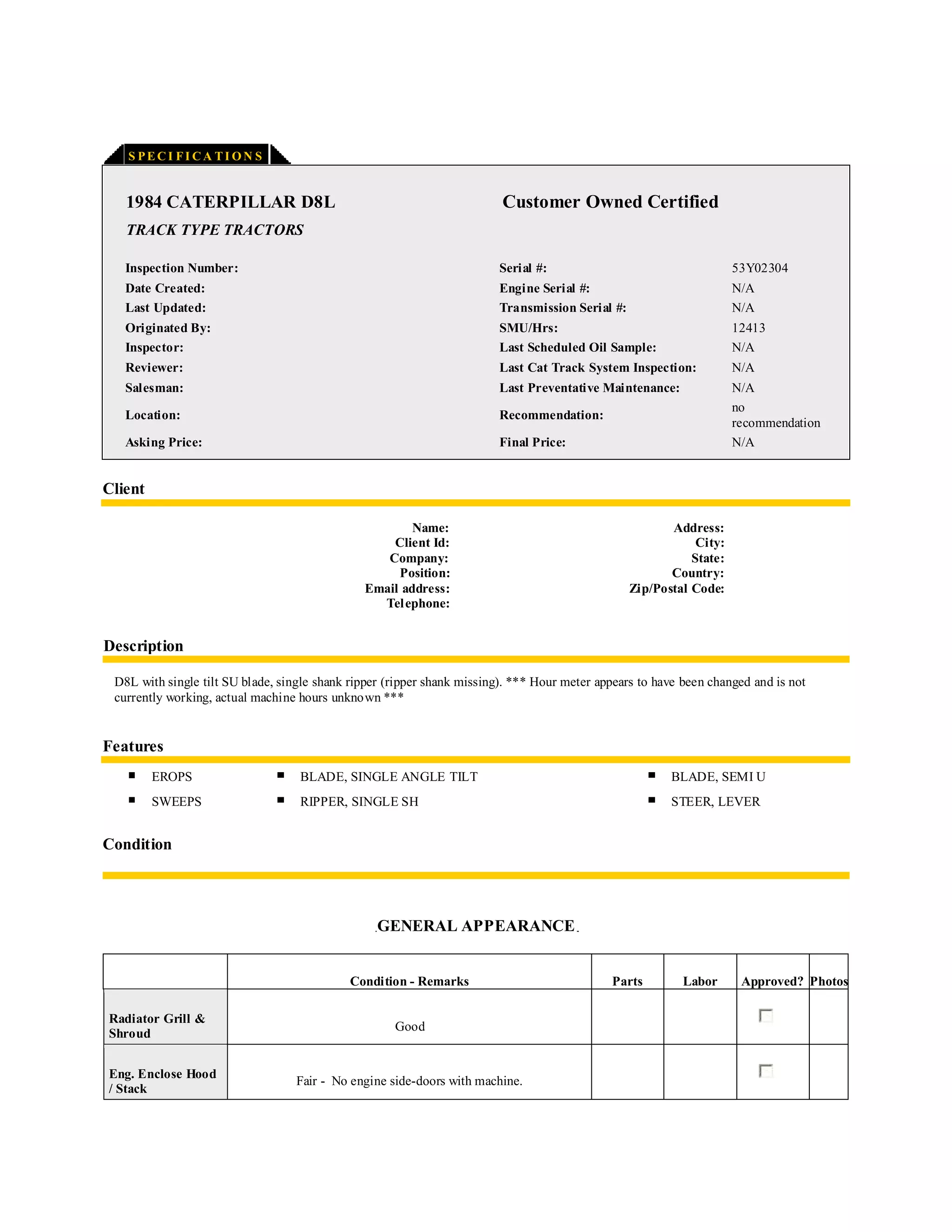 CAT D8L 53Y02304 CRAWLER DOZER INSPECTION REPORT | PDF