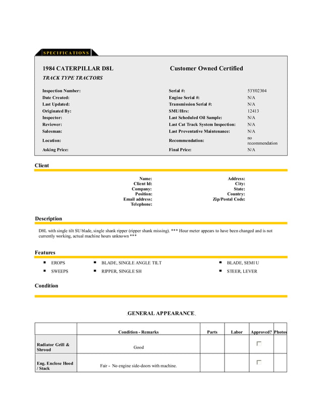 CAT D8L 53Y02304 CRAWLER DOZER INSPECTION REPORT | PDF