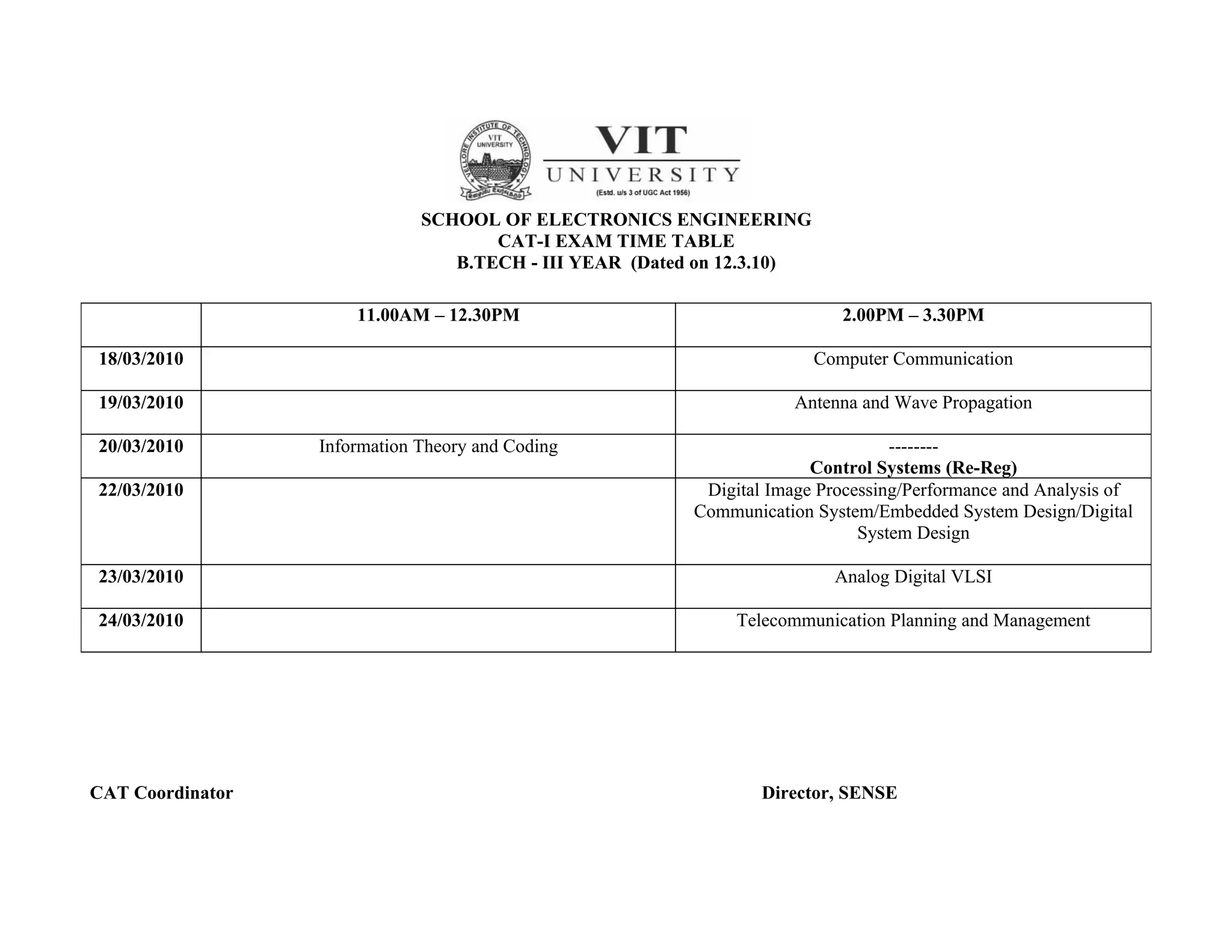 Cat II time table 12.3.10