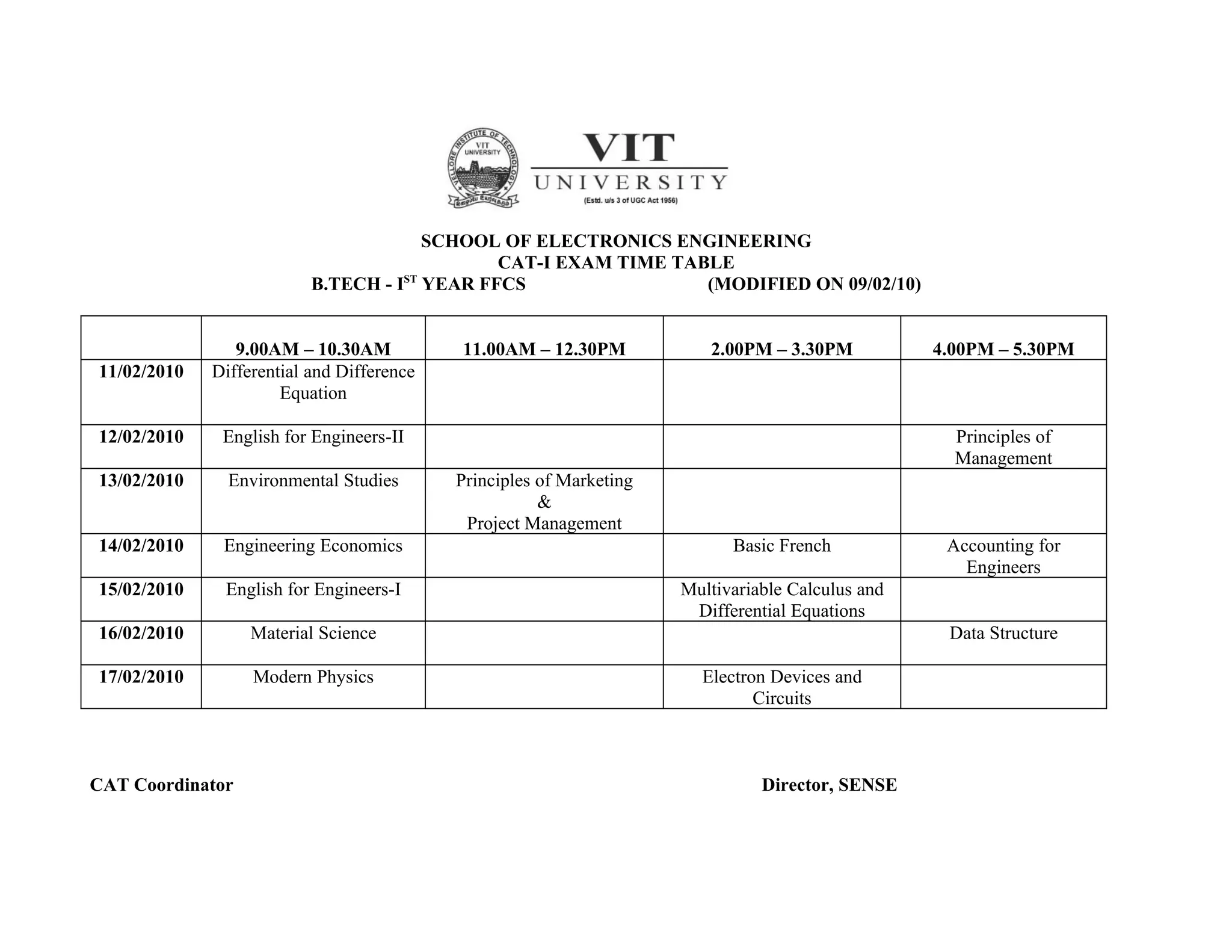 Cat I Master Time Table | DOC