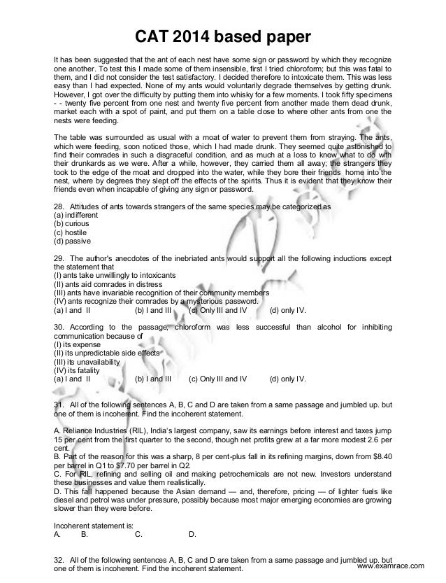 CAT 2014 Previous Year Question Paper with Answer Key