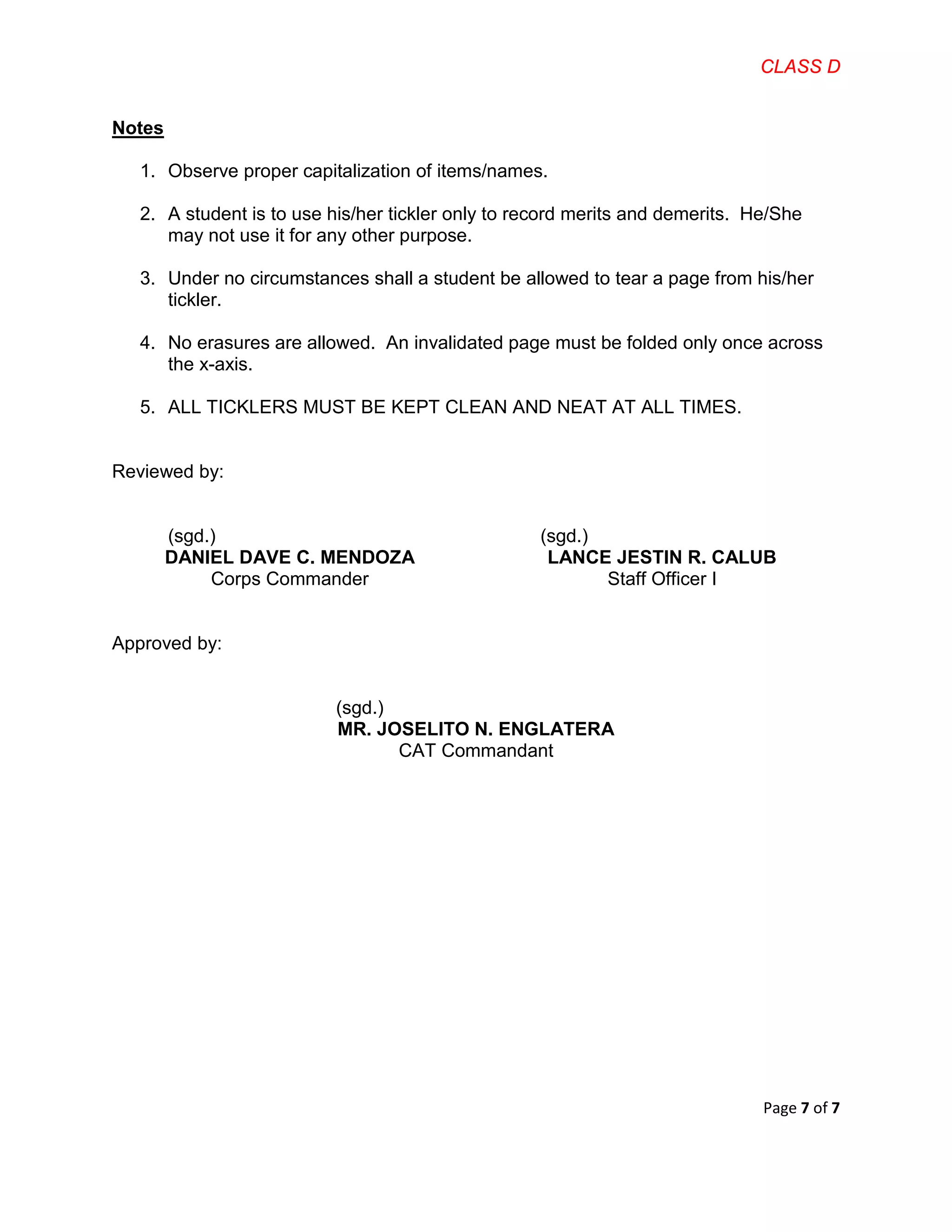 Cat revised guidelines on tickler formatting (with signatures). | PDF