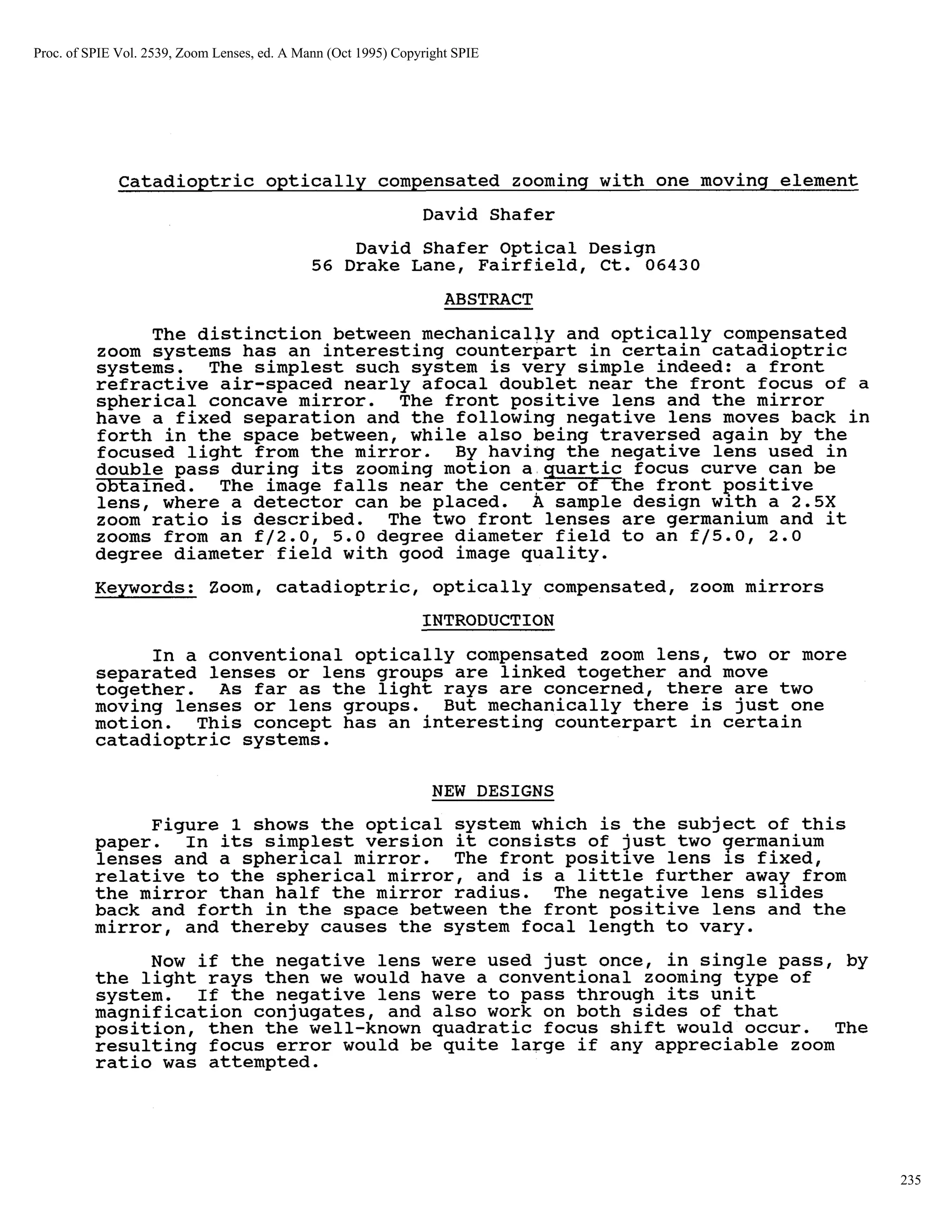 Catadioptric optically compensated zooming with one moving element 1995 ...