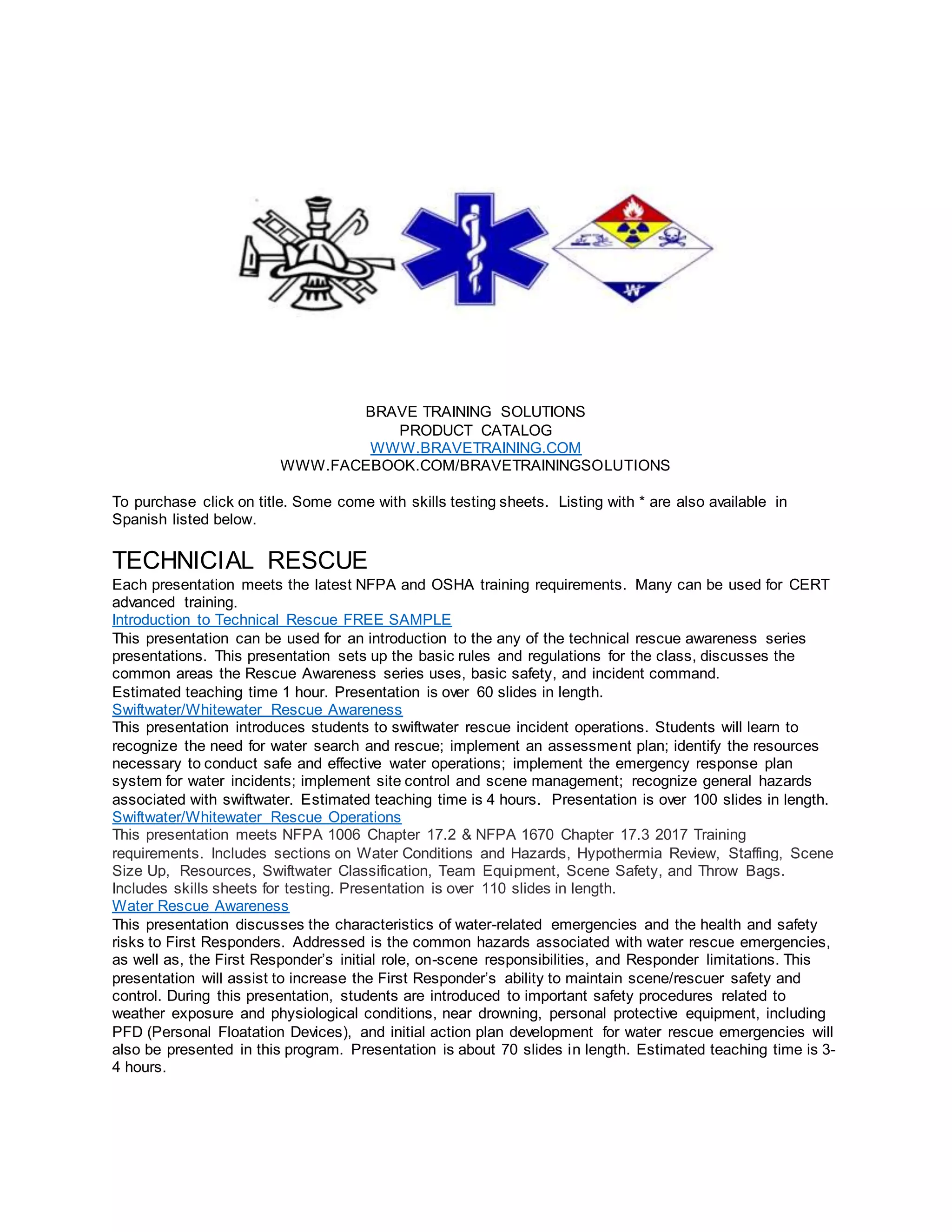 CATALOG OF BRAVE TRAINING SOLUTIONS TRAINING PRESENTATIONS | DOCX