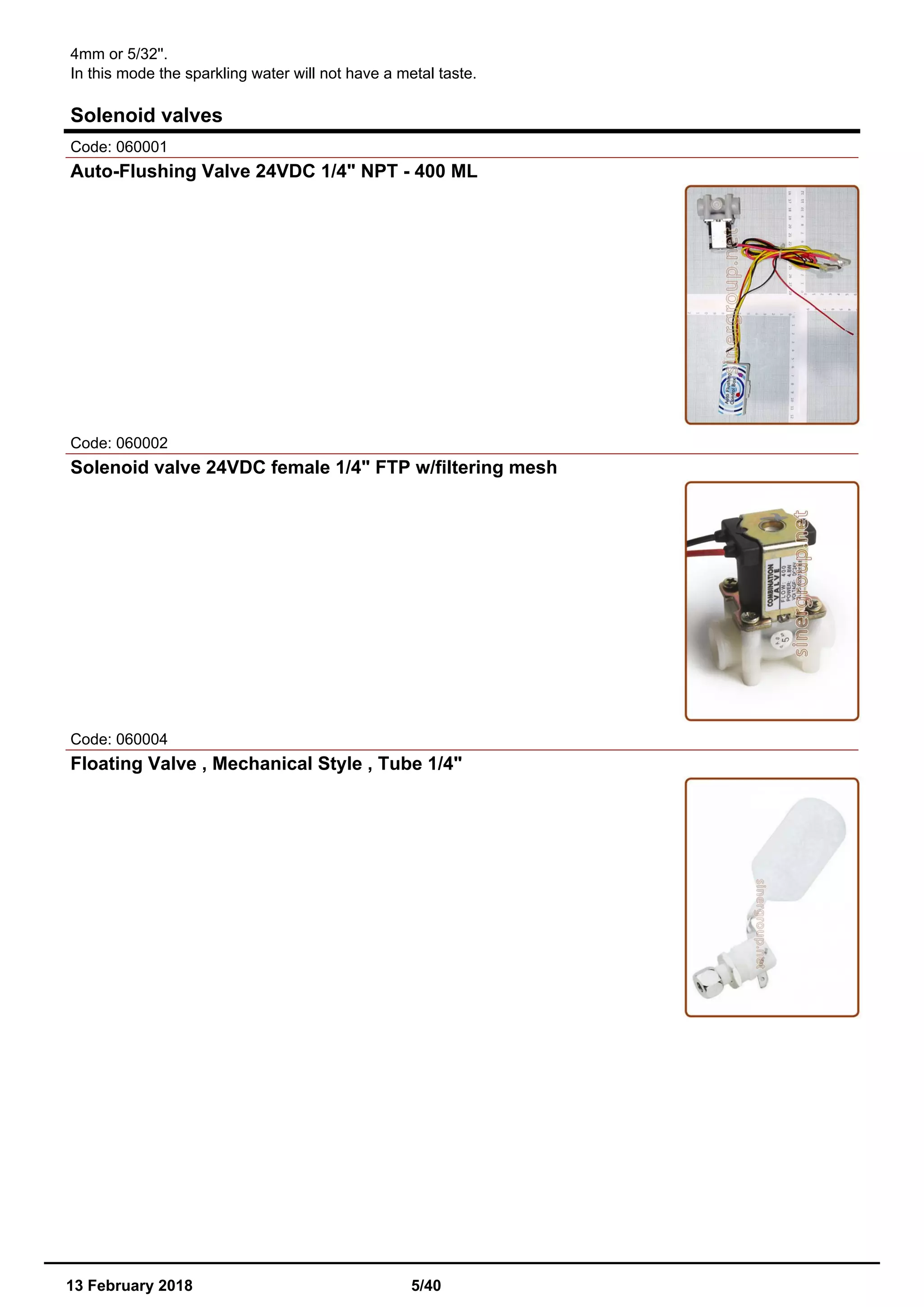 Reverse osmosis spare parts solenoid valves sensors catalogue | PDF