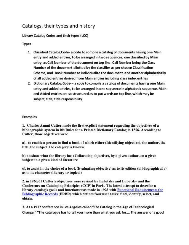 Catalogs, types and history