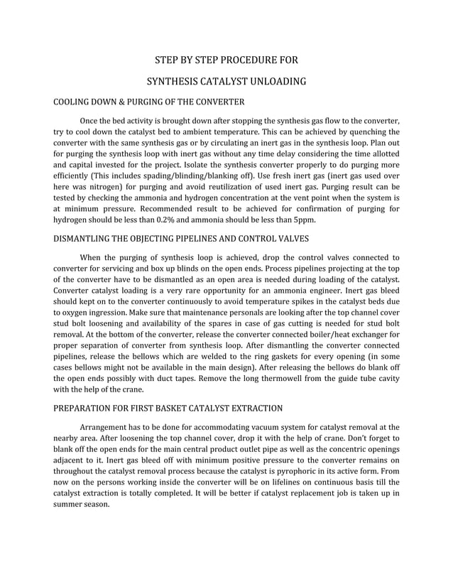Catalyst unloading details | PDF | Chemistry | Science