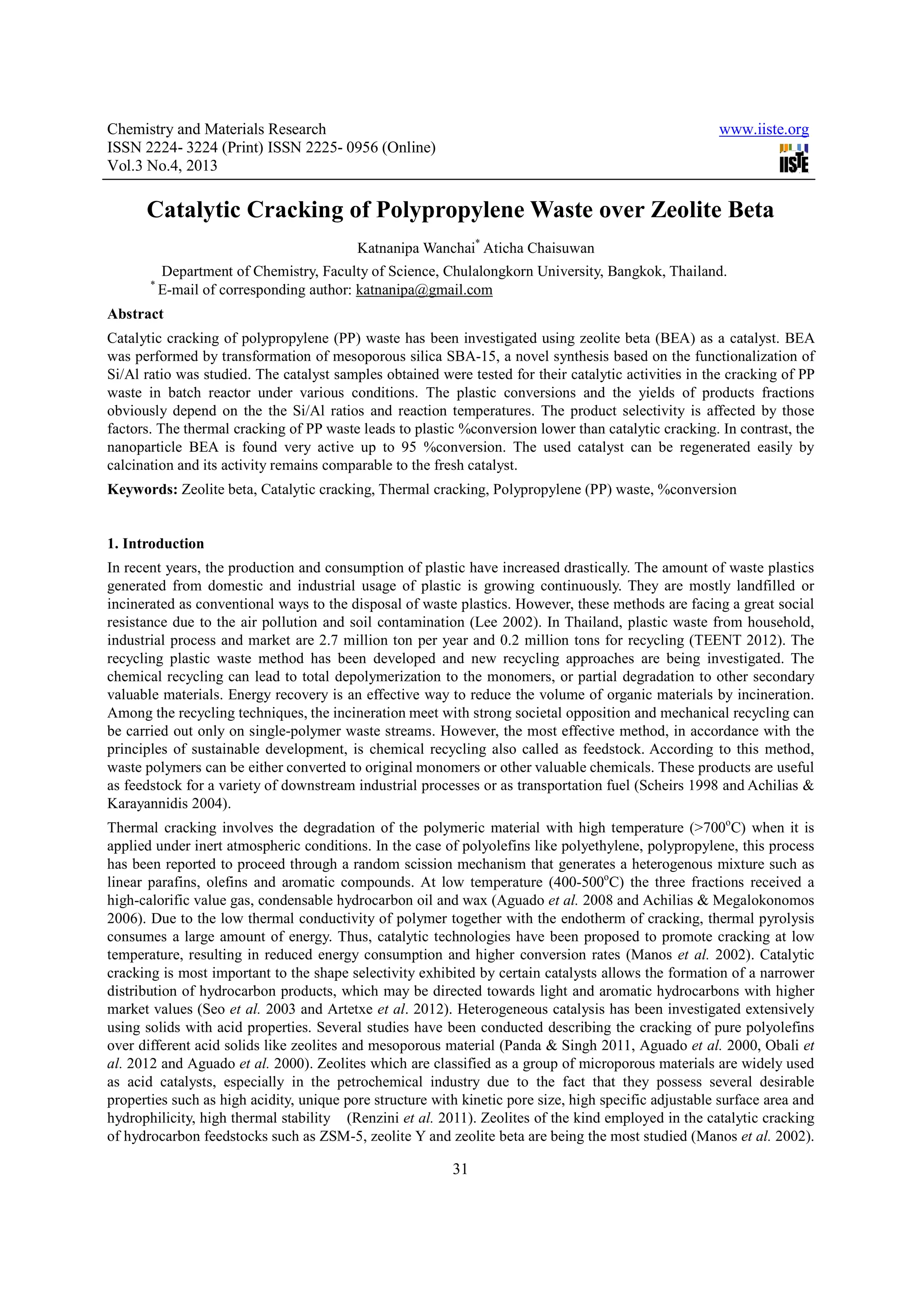 Catalytic cracking of polypropylene waste over zeolite beta | PDF