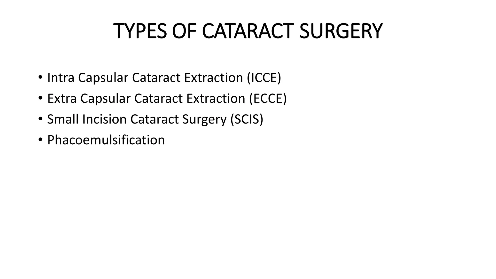Cataract surgery types and per, early post op and late post op ...