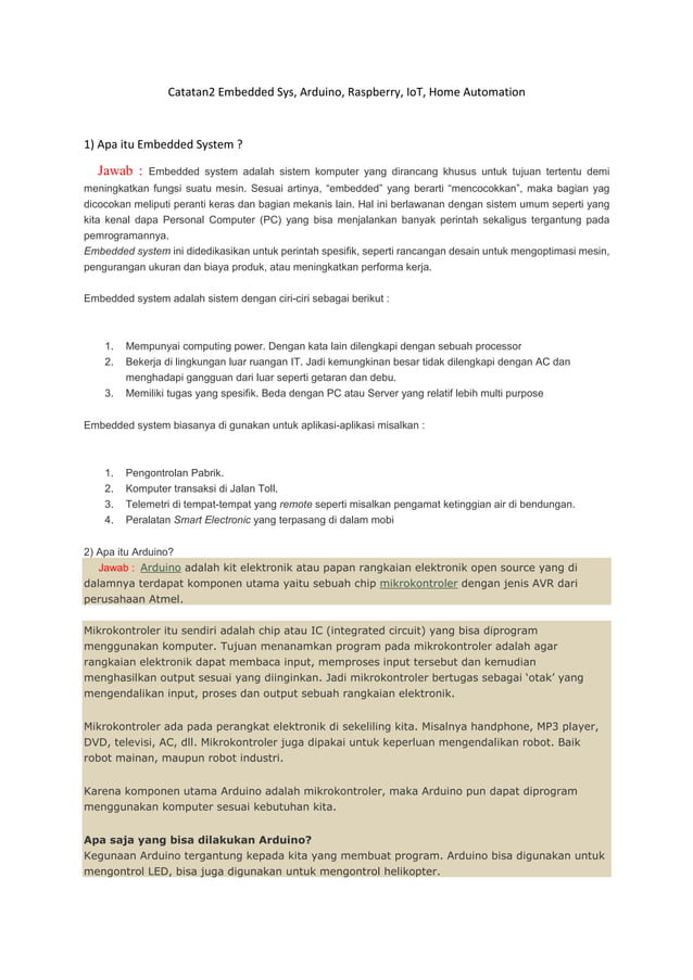 Catatan2 embedded sys, arduino, raspberry, iot, home automation | PDF