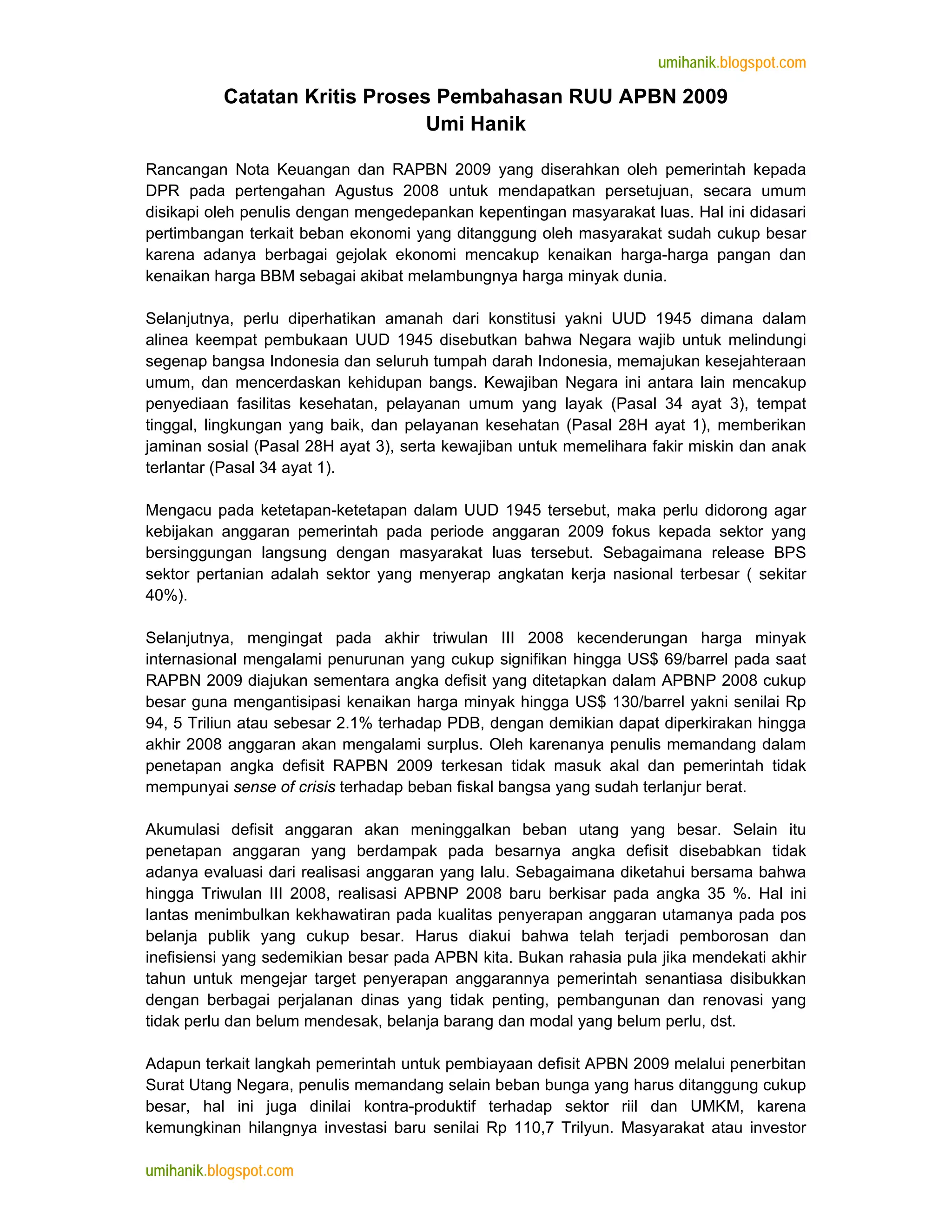 Catatan kritis proses pembahasan ruu apbn 2009 umi hanik | PDF