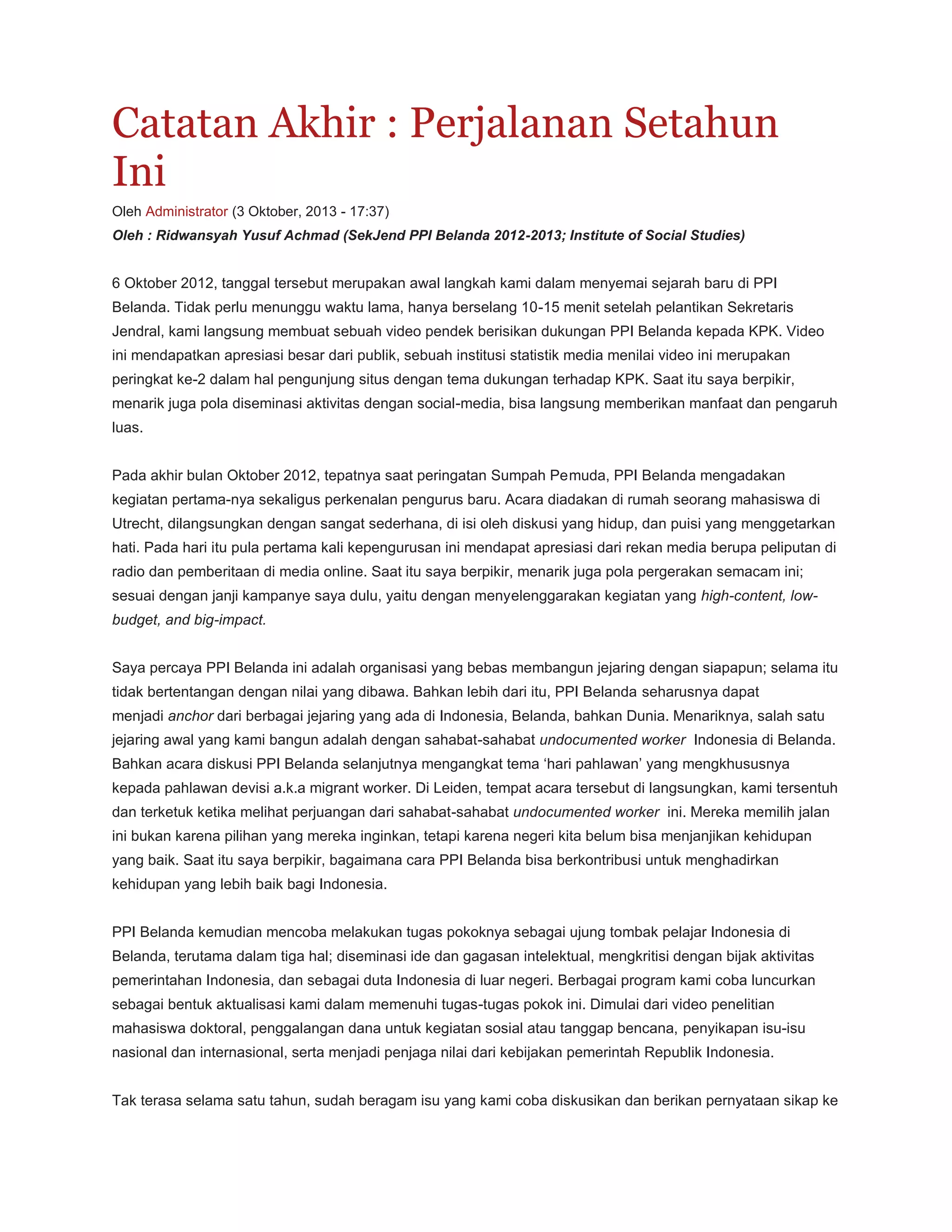 Catatan sekjend PPI Belanda 2012/2013 Ridwansyah Yusuf Achmad - semua | PDF