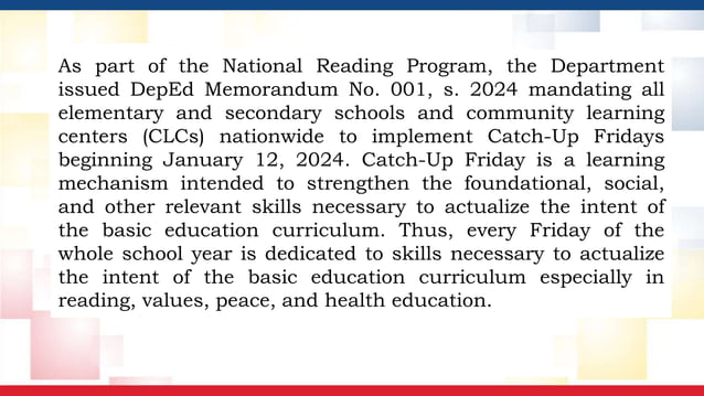 CATCH-UP-FRIDAYS-PROGRAM-IMPLEMENTATION-PLAN.pptx | Education industry ...