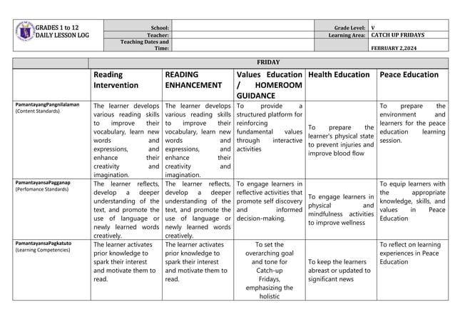 CATCH-UP FRIDAYS, for the students to learn while playing | PPT