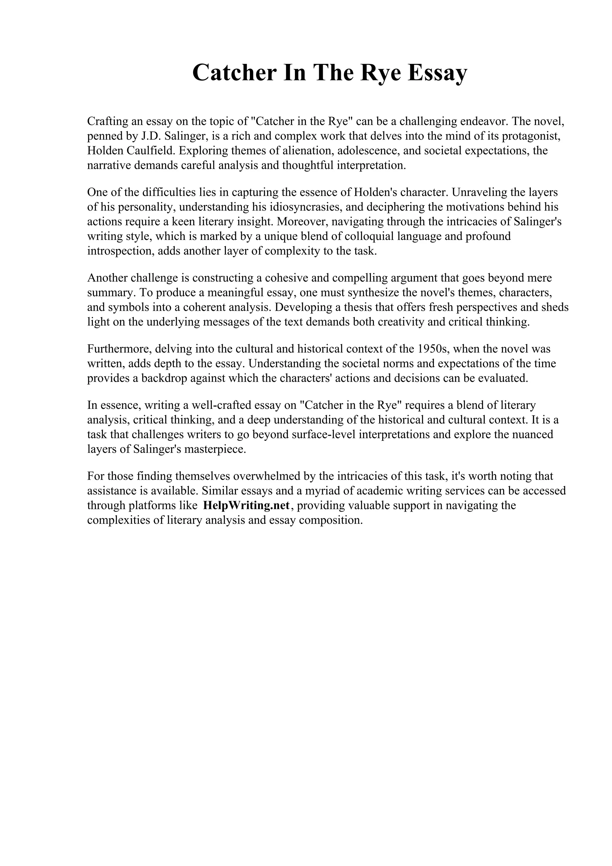 Catcher In The Rye Essay. Columbia International University | PDF