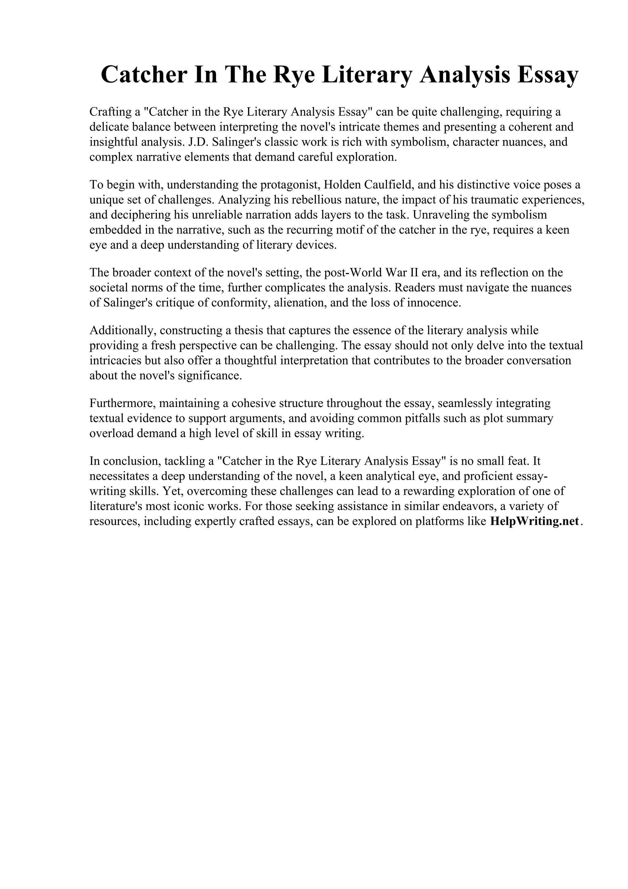 Catcher In The Rye Literary Analysis Essay | PDF