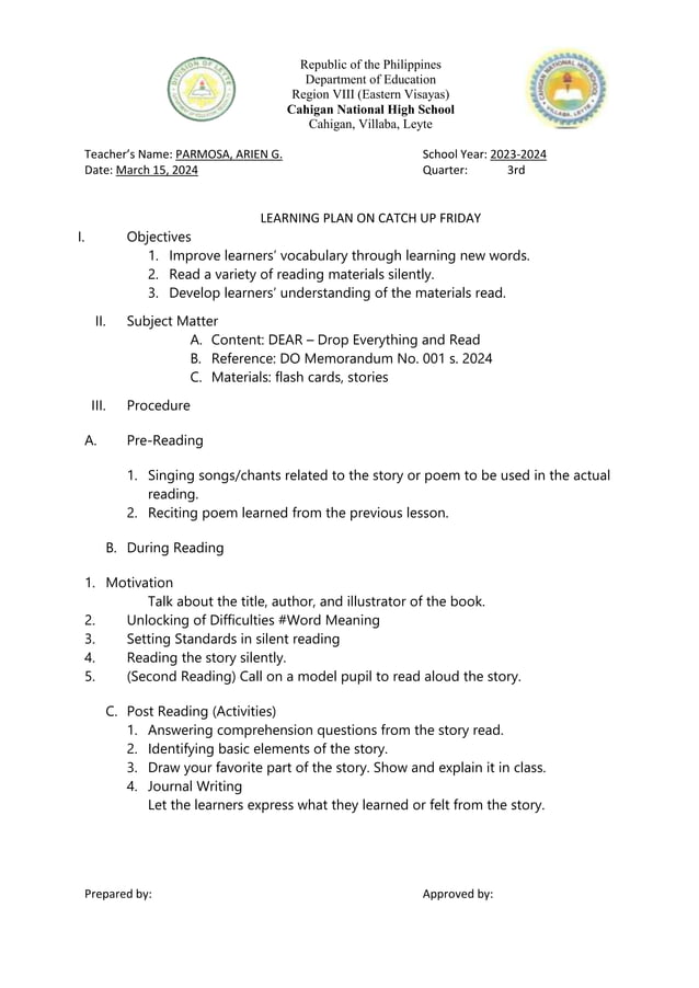 Catch up Friday Learning Plan document, word dox | PDF