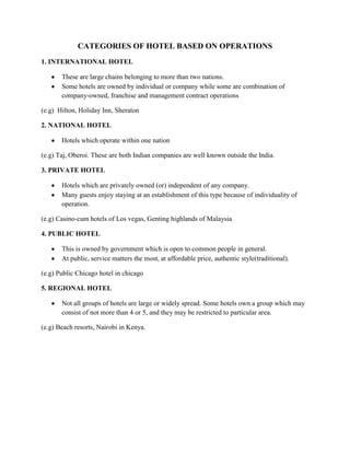 Categories of hotel based on operations | DOCX