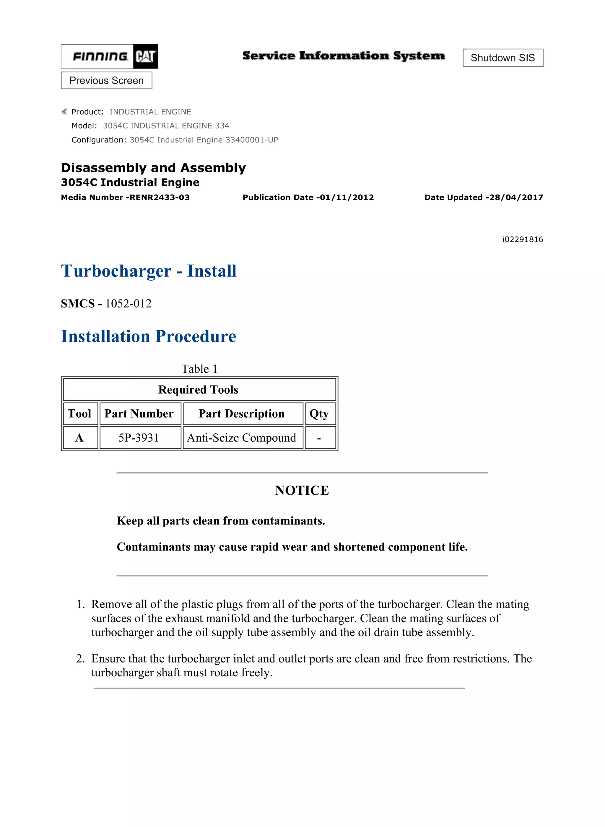 Caterpillar cat 3054 c industrial engine (prefix 334) service repair ...