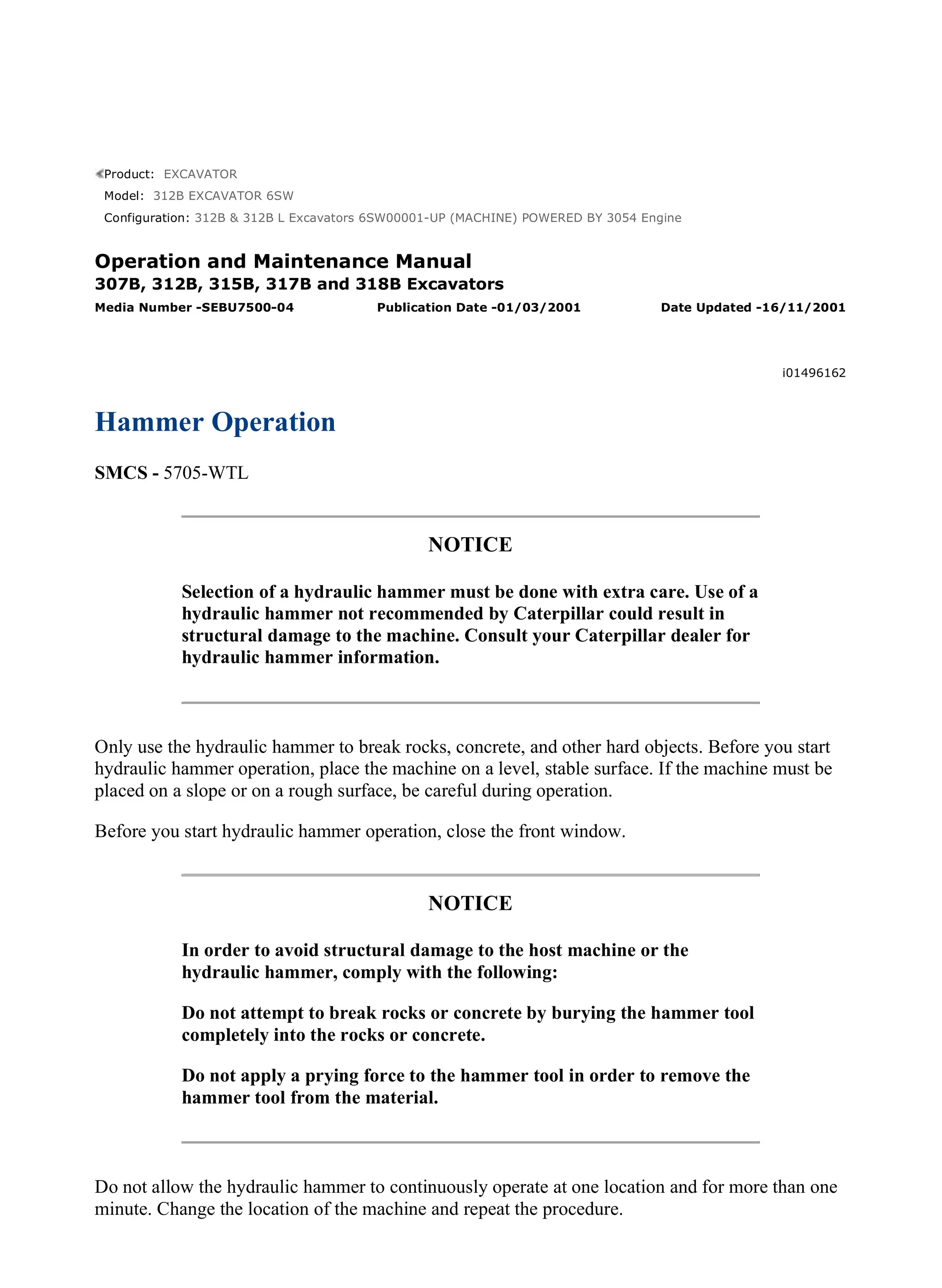 Caterpillar CAT 312B EXCAVATOR (6SW00001-UP) Operation and Maintenance ...