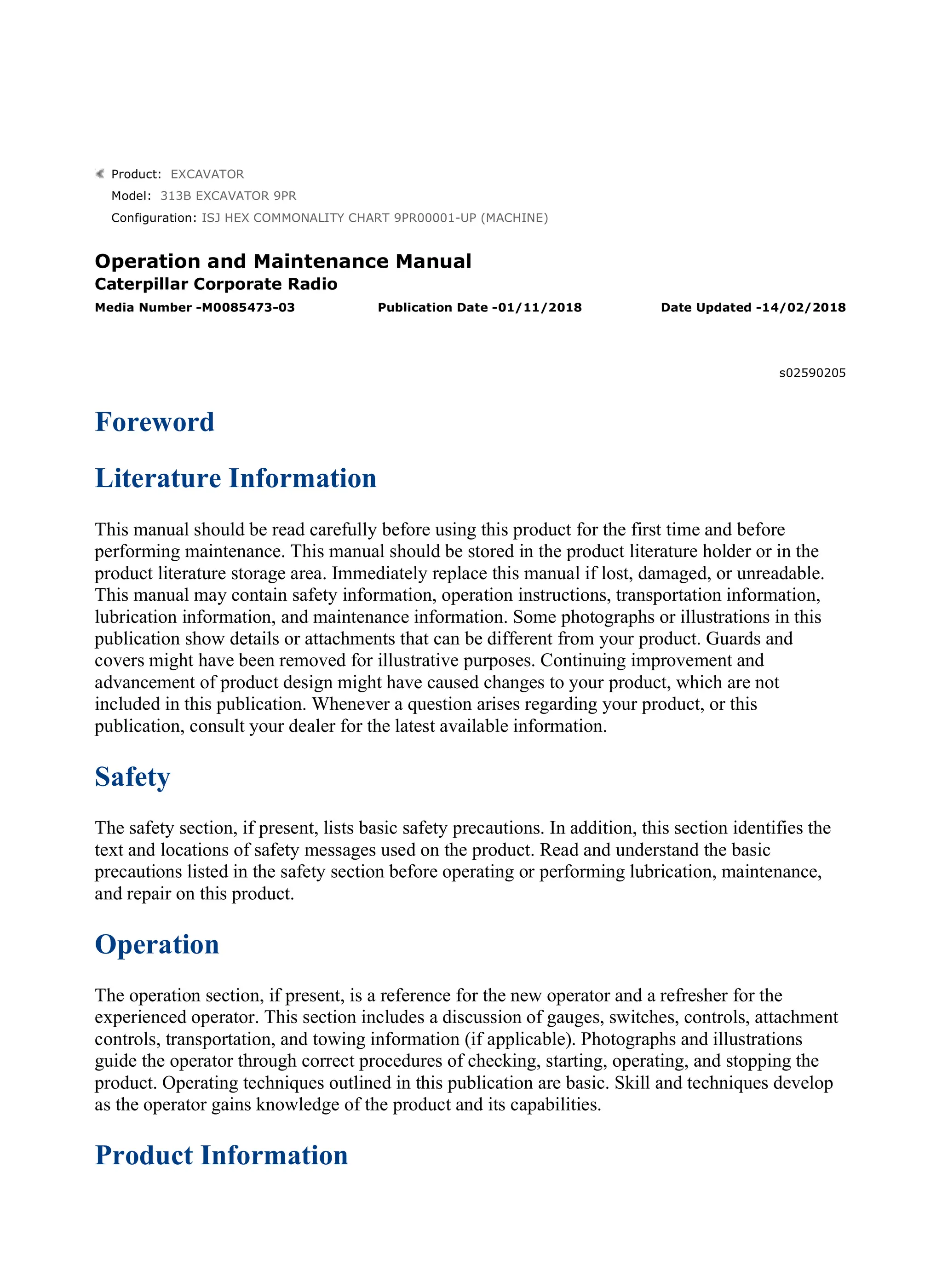Caterpillar CAT 313B EXCAVATOR (9PR00001-UP) Operation and Maintenance ...