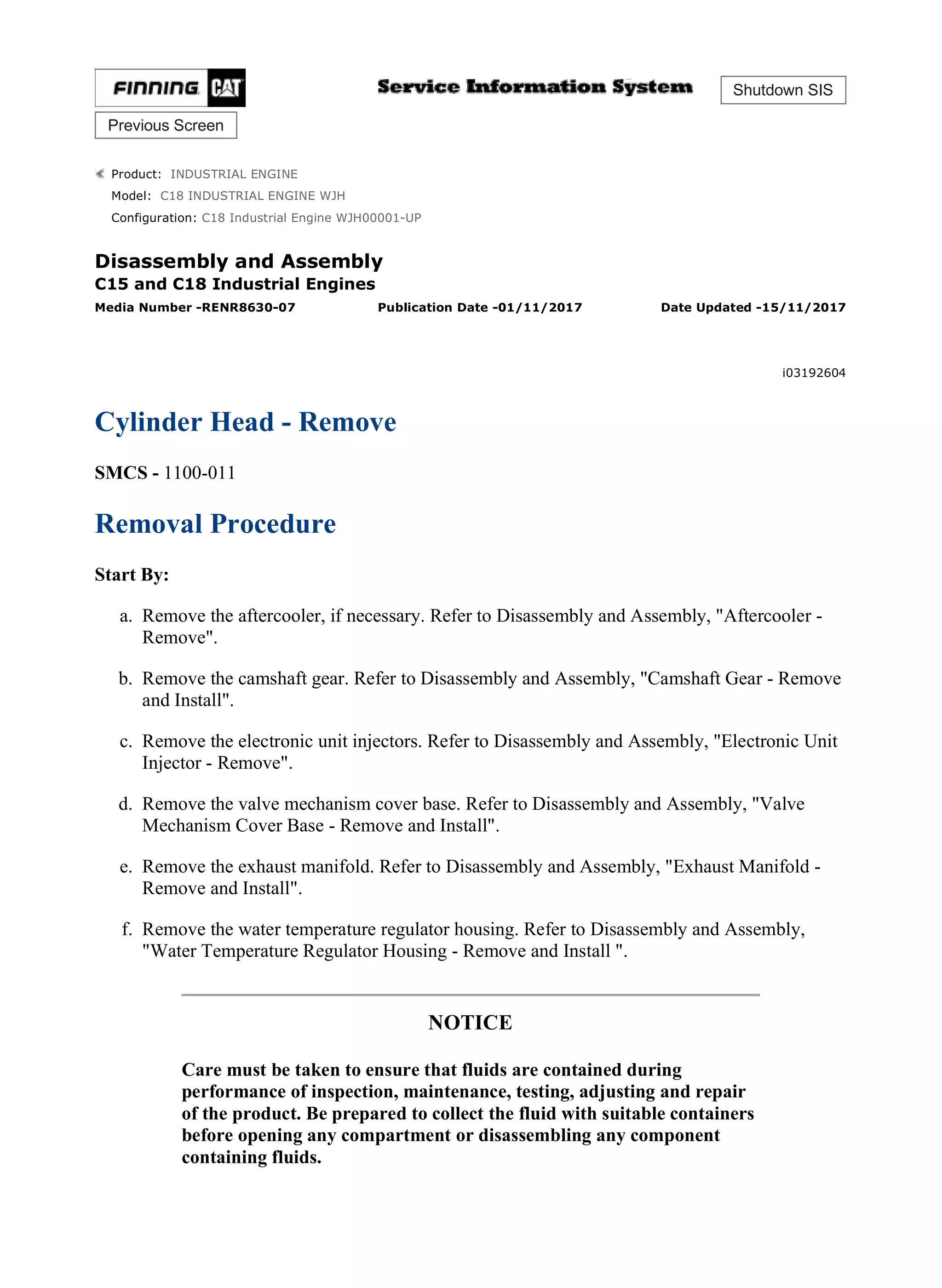 Caterpillar cat c18 industrial engine (prefix wjh) service repair manual (wjh00001 and up) | PDF