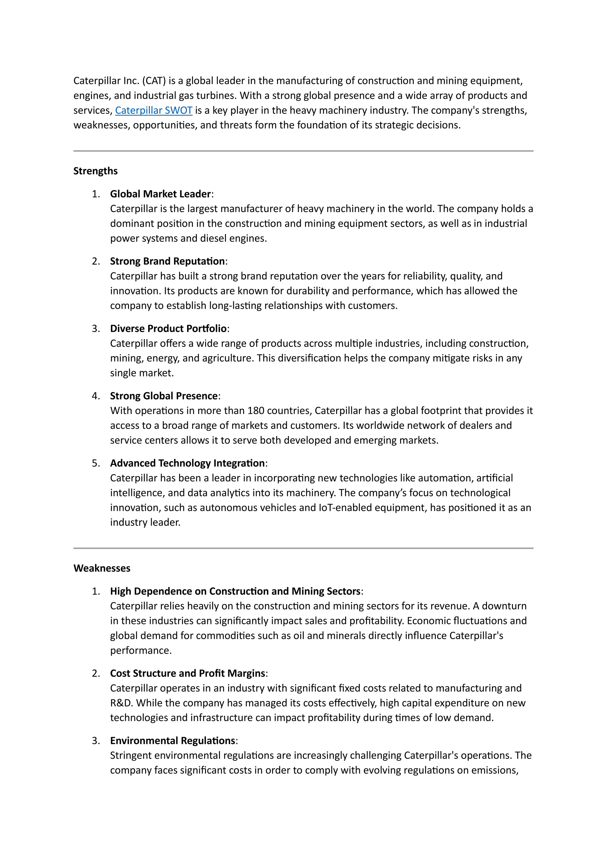 Caterpillar SWOT Analysis | Strengths, Weaknesses & Opportunities | PDF