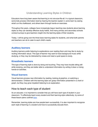 Understanding Learning Styles in Children | PDF | Primary Education ...