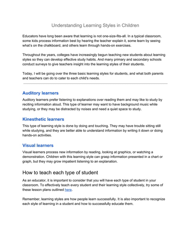 Understanding Learning Styles in Children | PDF | Primary Education ...